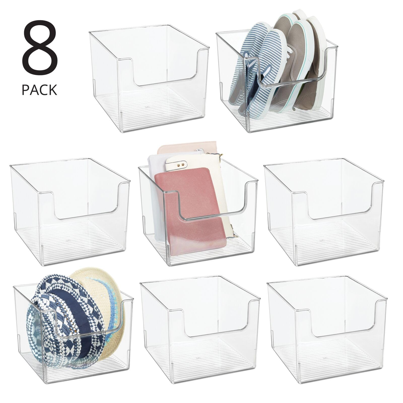 mDesign Modern Plastic Open Front Dip Storage Organizer Bin Basket for Closet Organization - Shelf, Cubby, Cabinet, and Cupboard Organizing Decor - Ligne Collection - 8 Pack - Clear