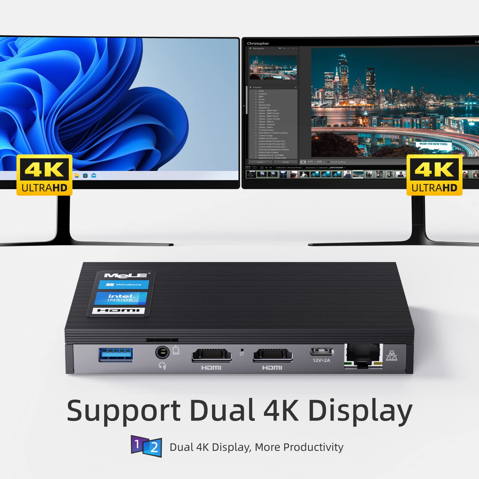 MeLE Quieter2D Fanless Mini PC Window11 Home, Celeron N4000 4GB/128GB Small Desktop, Support M.2 SSD, Dual HDMI 4K,igabit Ethernet on Home IoT