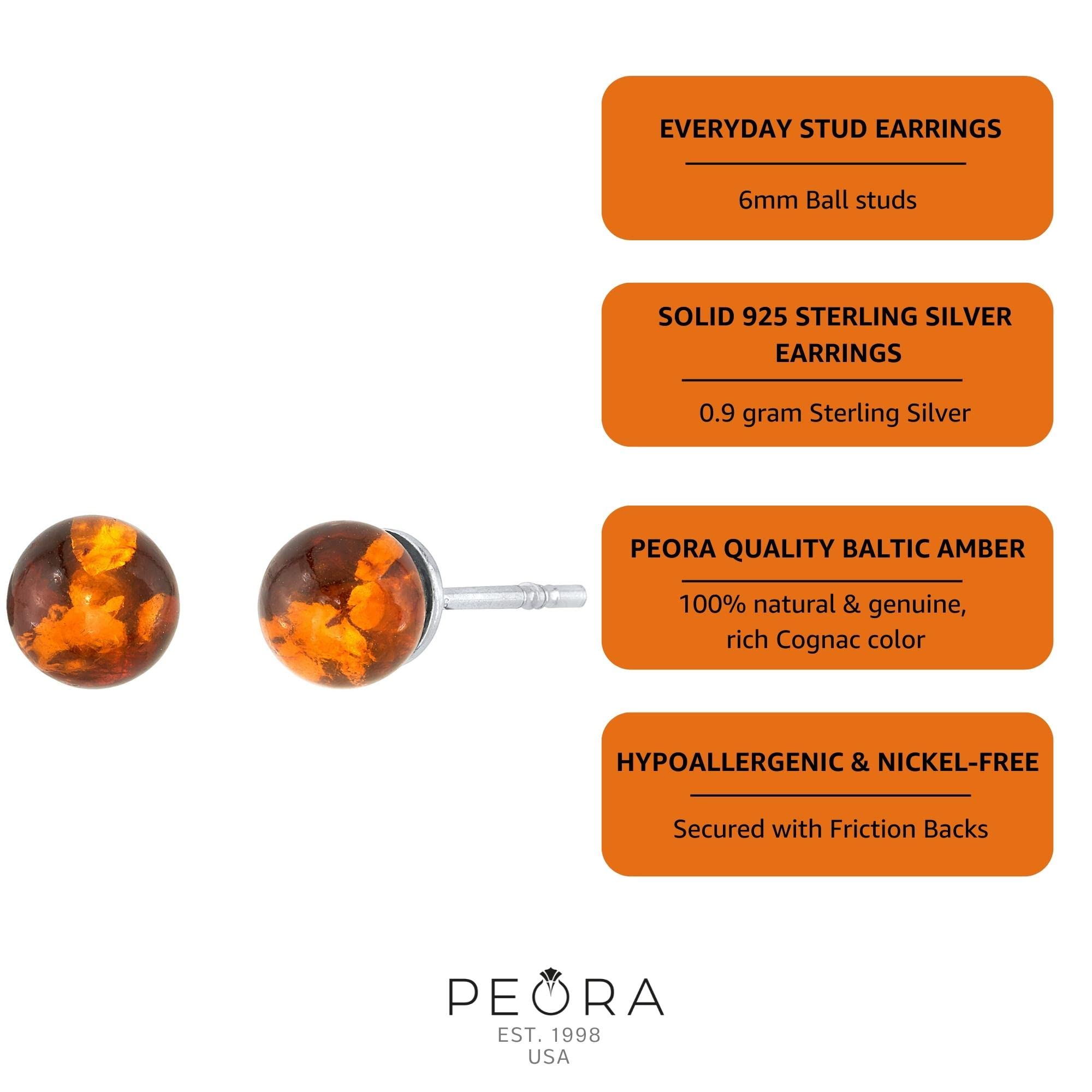Peora Genuine Baltic Amber 6mm Ball Stud Earrings 925 Sterling Silver, Rich Cognac Color, Friction Backs
