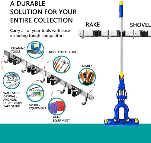 Zollyss Broom Mop Holder Wall Mount Stainless Steel Wall Mounted Storage Organizer Heavy Duty Tools Hanger with 5 Racks 4 Hooks for Kitchen Bathroom Closet Garage Office Garden-1Pc
