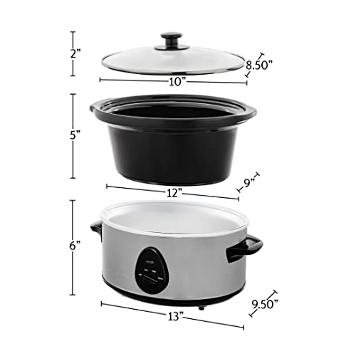 OVENTE 3.7 Qt Electric Slow Cooker with 3 Settings, Dishwasher-Safe Pot, Tempered Glass Lid - Portable Multicooker for Soups, Sauces, Stews & Dips