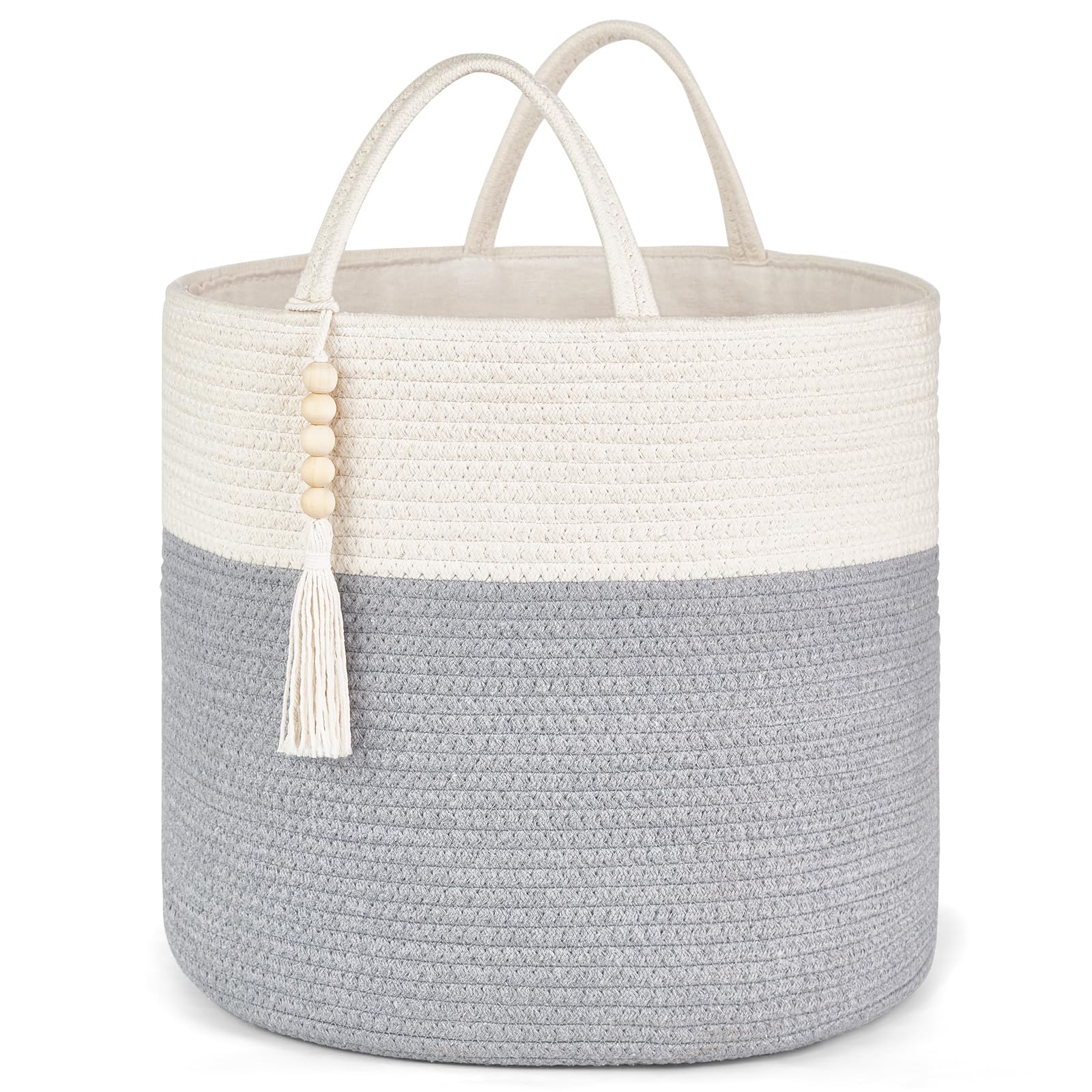 Mkono Woven Storage Basket Decorative Rope Basket Wooden Bead Decoration for Blankets,Toys,Clothes,PlantOrganizer Bin with Handles Living Room Home Decor, Grey and White, 16" W × 13.8"L