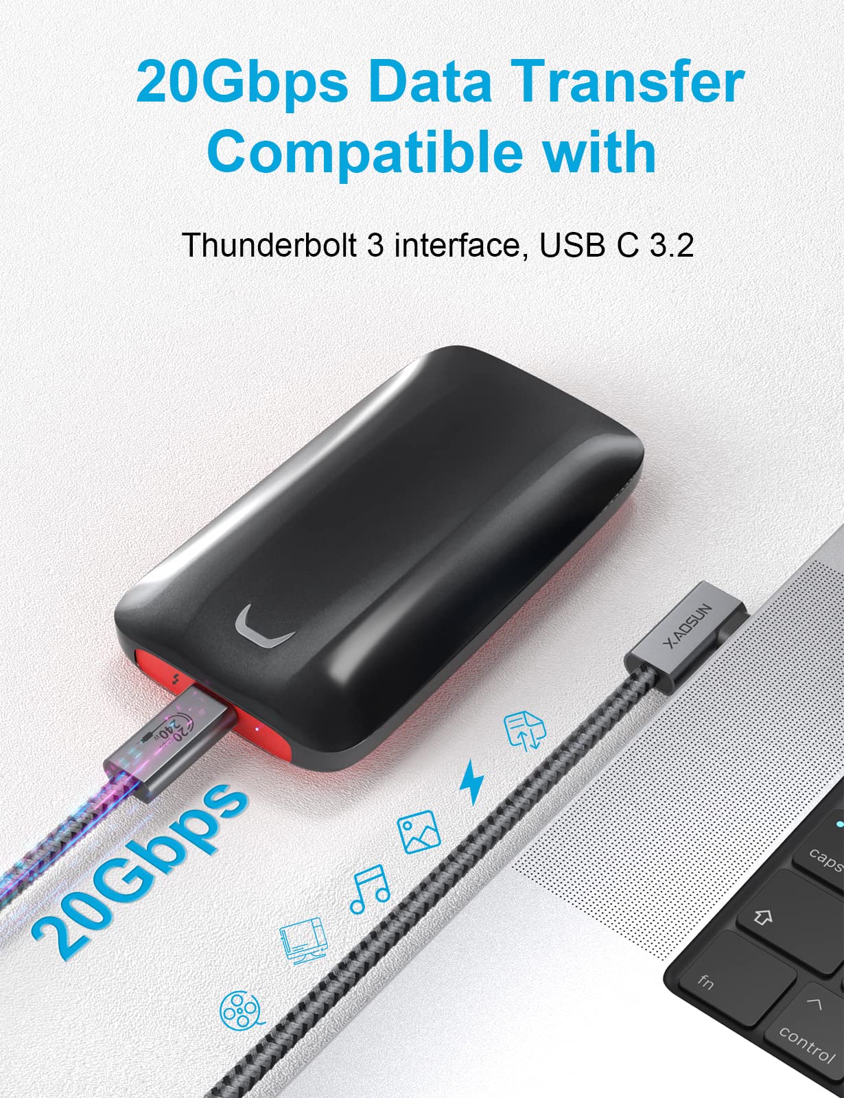 XAOSUN 240W USB C to USB C Cable Cable 6.6ft, Right Angle 90 Degree USB C 3.2 Gen 2 Datat Cable 20Gbps Data Transfer, 4K Video Output Compatible with iphone 15 pro max macbook ipad Monitor SSD samsung