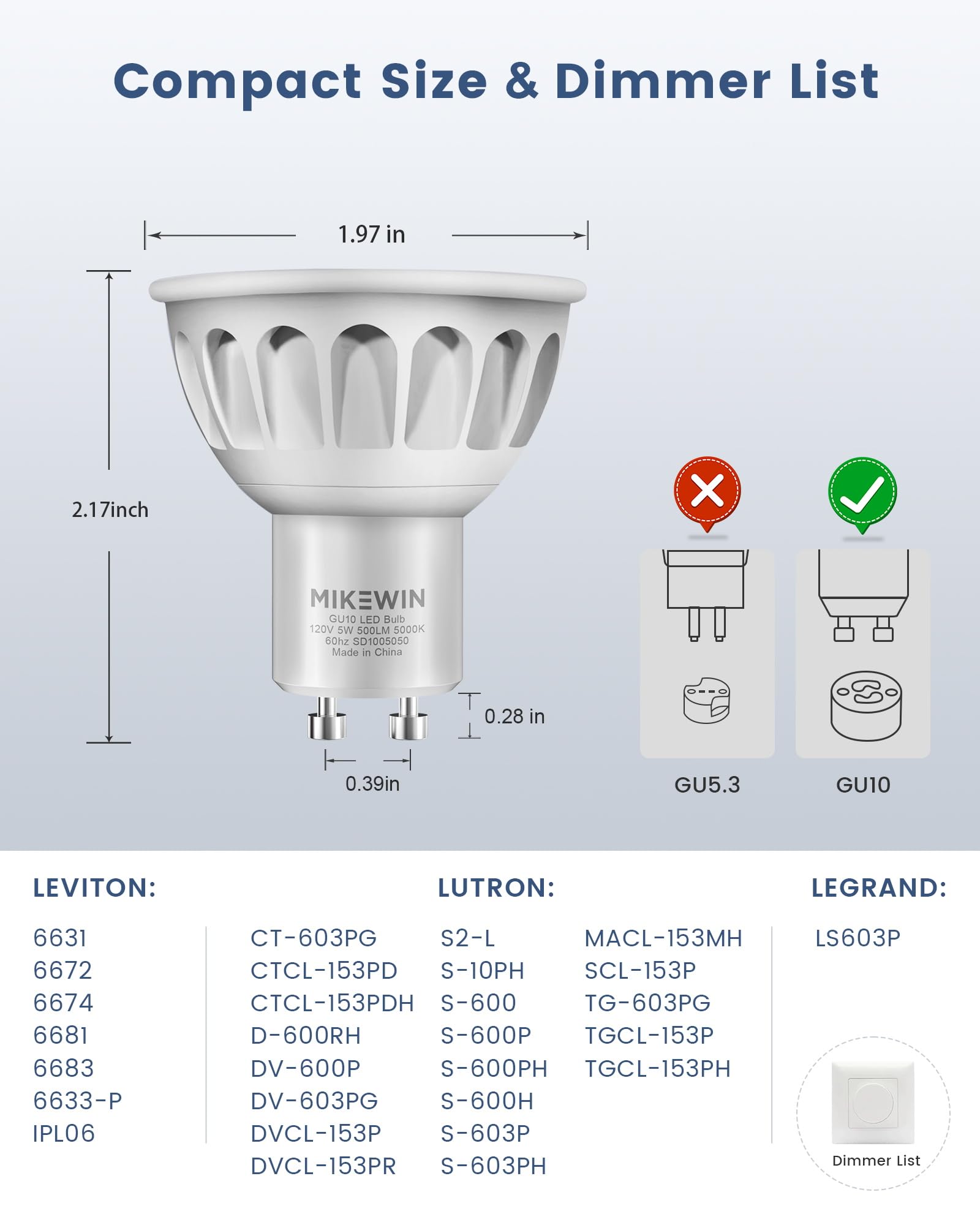 MikeWin Dimmable MR16 LED Light Bulb,GU10 Base,120V,Neutral White,5W(50W Halogen Replacement),500LM,40° Narrow Beam Range Hood Light Bulb for Recessed Track,Kitchen,Living Room,Bedroom-6 Pack