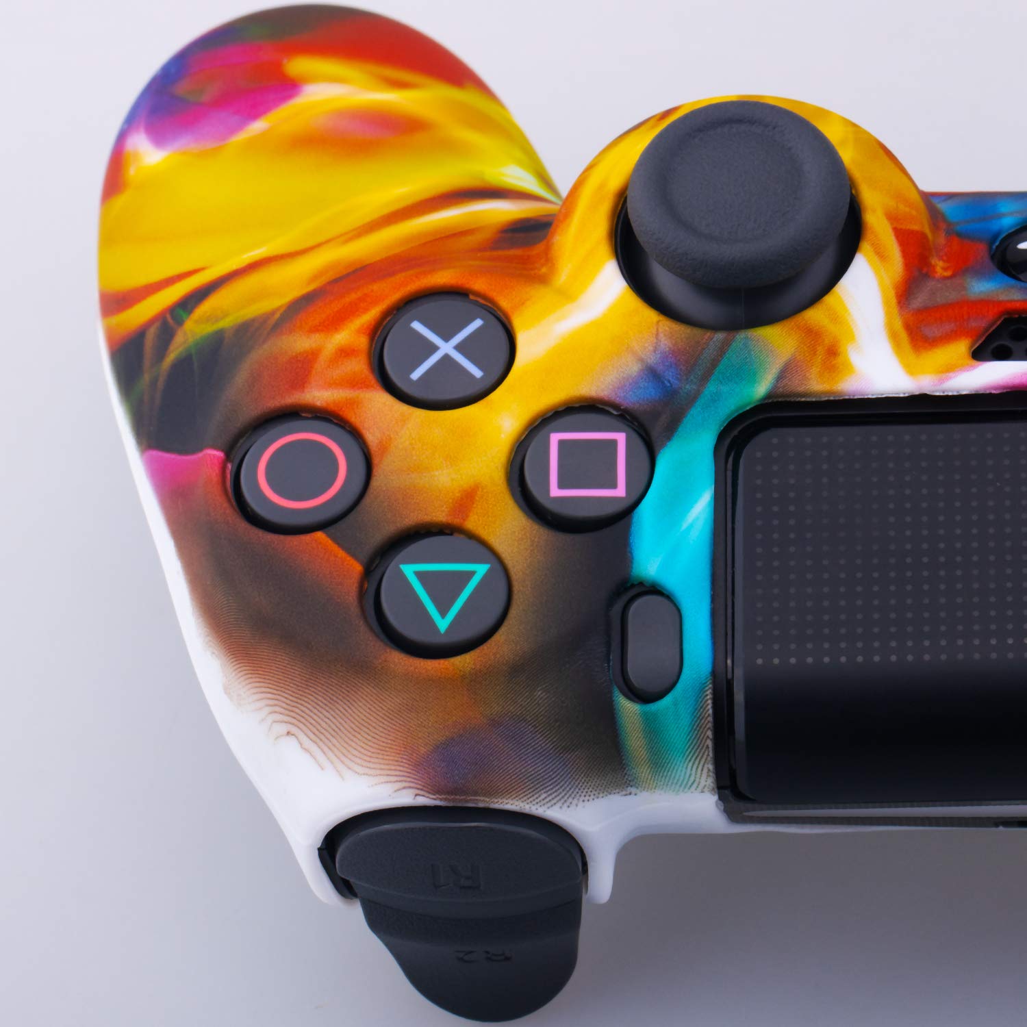 MXRC Silicone Rubber Cover Skin case Anti-Slip Water Transfer Customize Camouflage for PS4/SLIM/PRO Controller x 2(Rainbow Pack) + FPS PRO Extra Height Thumb Grips x 8 + Dustproof Plug x 4