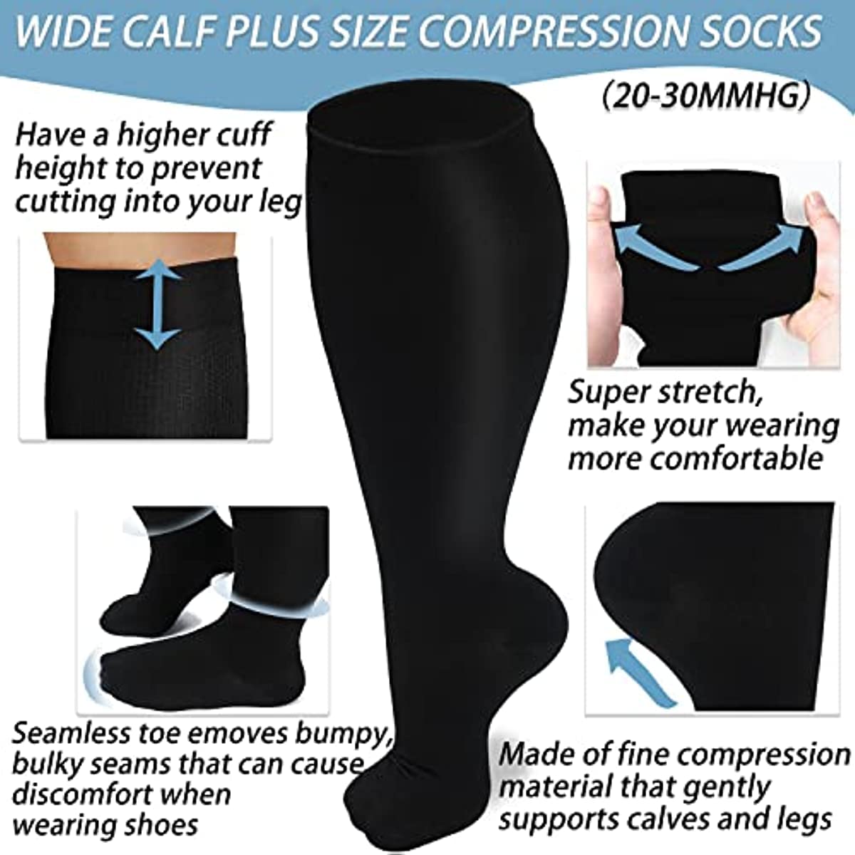 SIOAUIRT 2 Pack Plus Size Compression Socks for Women Men 20-30mmhg, Extra Wide Calf Knee High Socks for Circulation