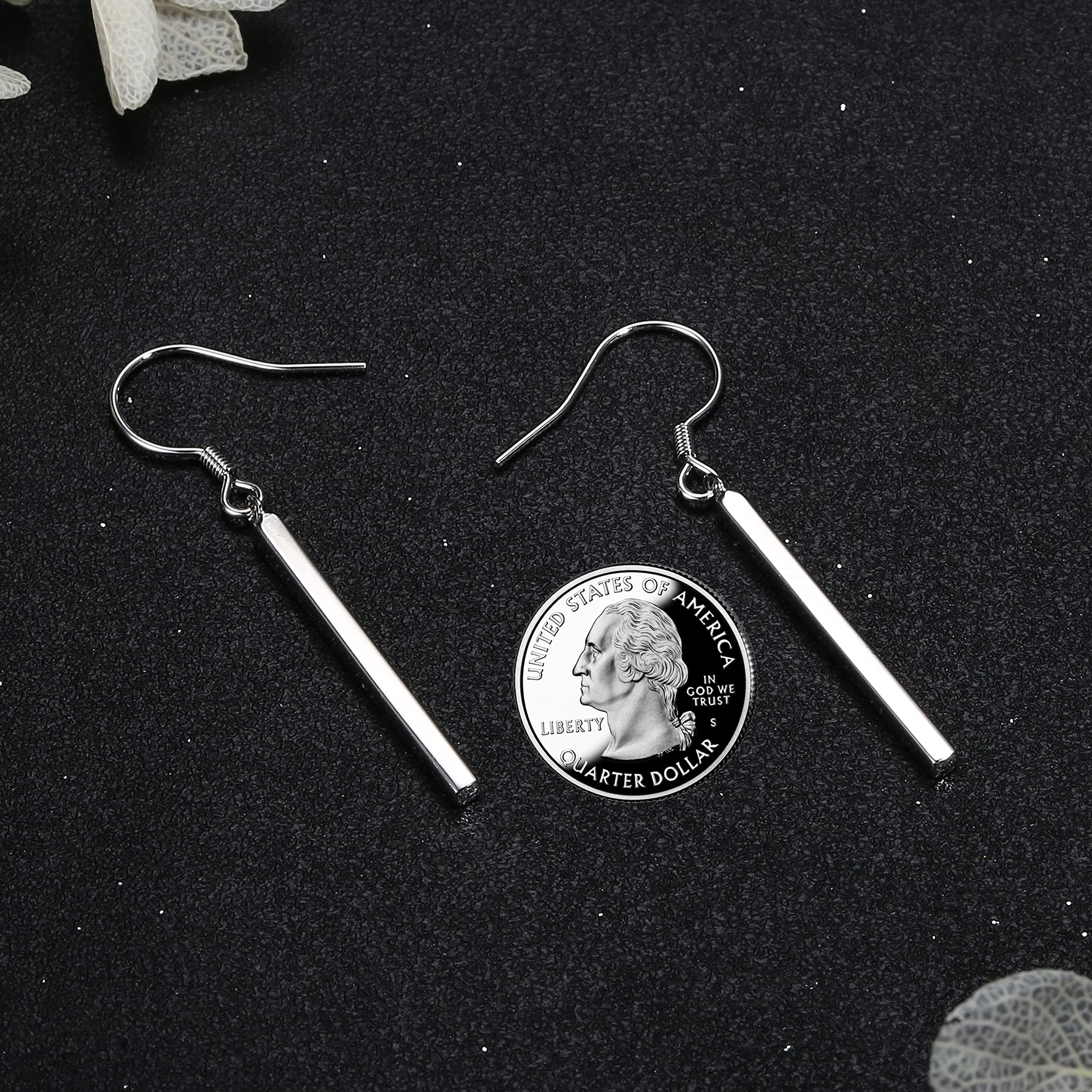 Milacolato S925 Sterling Silver Bar Dangle Earrings 18K White Gold Plated Women's Drop Dangle Earrings Hypoallergenic Fish Hook Vertical Bar Drop Earrings for Women
