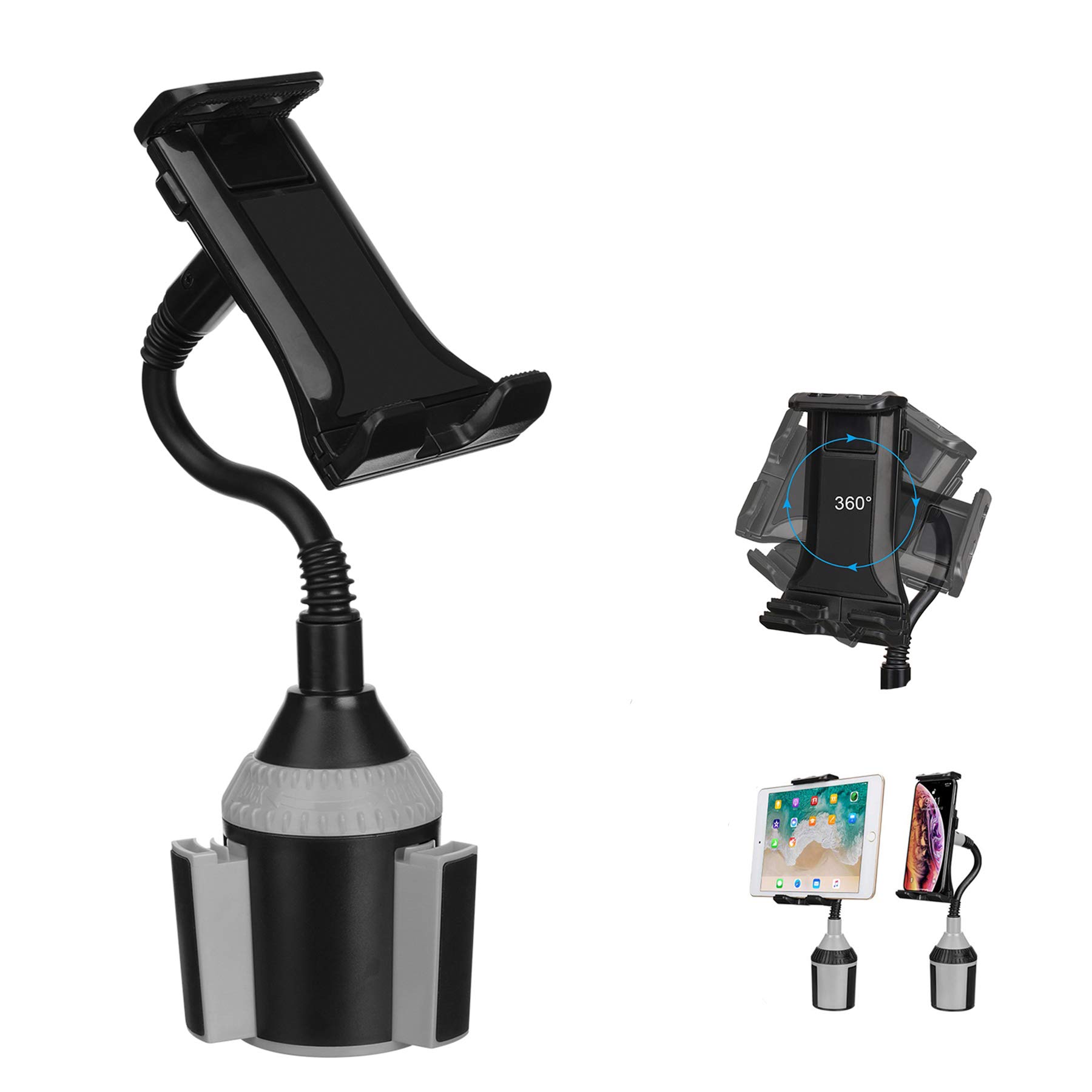 MiaodaM 360° Swivel Cup Holder Phone Mount Universal Adjustable Gooseneck Cup Holder Cradle Car Mount for Cell Phone iPhone 11/11 Pro/XR/XS/XS Max/iPad/iPod Electronics Devices from 4.7'' to 10.5''