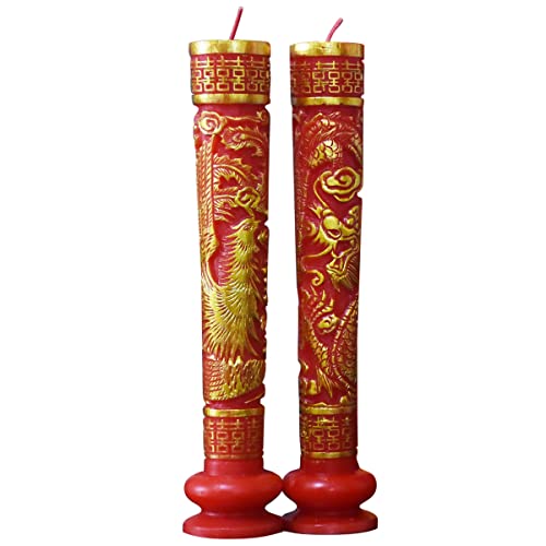 ZINGZIHOME Chinese Dragon and Phoenix Wedding Candles Red Traditional Double Happiness 1 Pair, 9.84 Inch Tall x 2 Inch Diameter, Great for Chinese Weddings Decoration as Well as Special Events