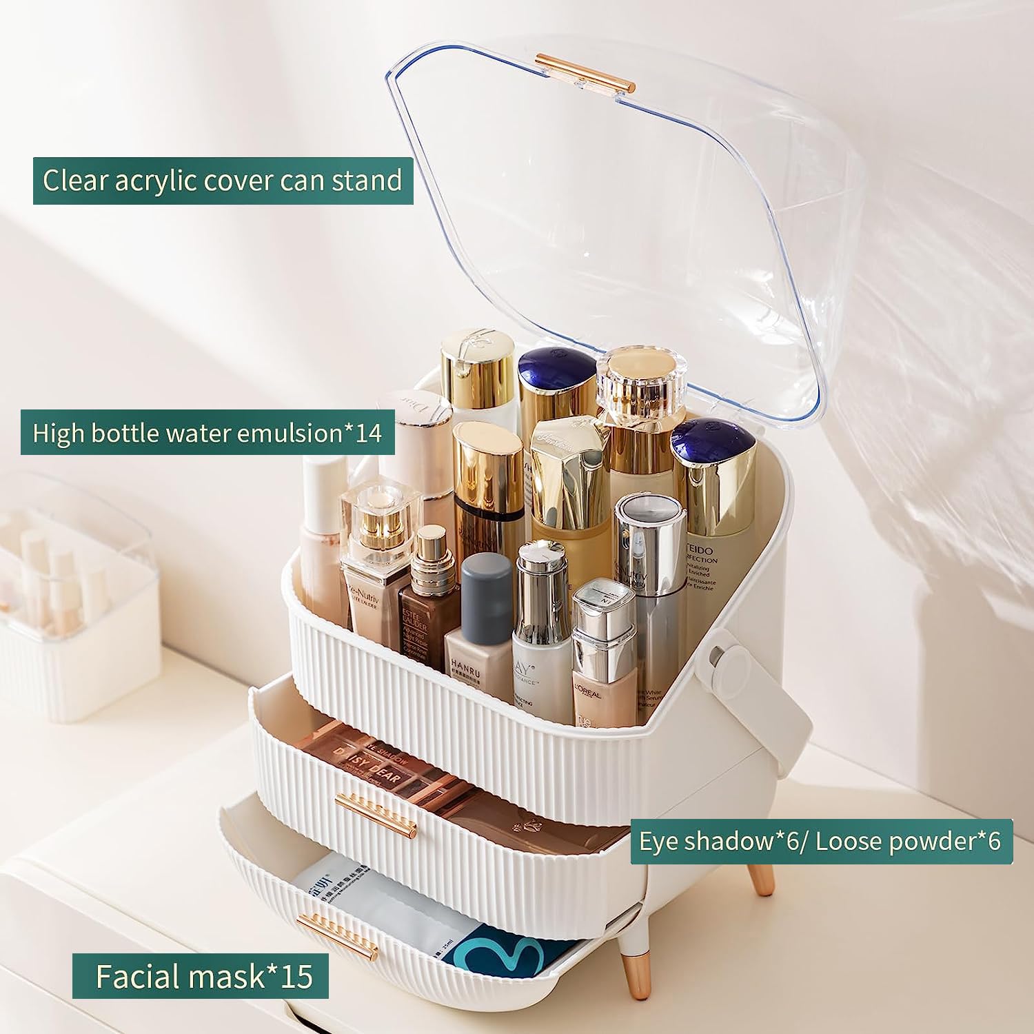 Makeup Storage Organizer, Skincare Organizers Cosmetic Display Case with Dust Free Cover Portable Handle, Waterproof Makeup Box for Vanity Countertop Bathroom Dresser- White