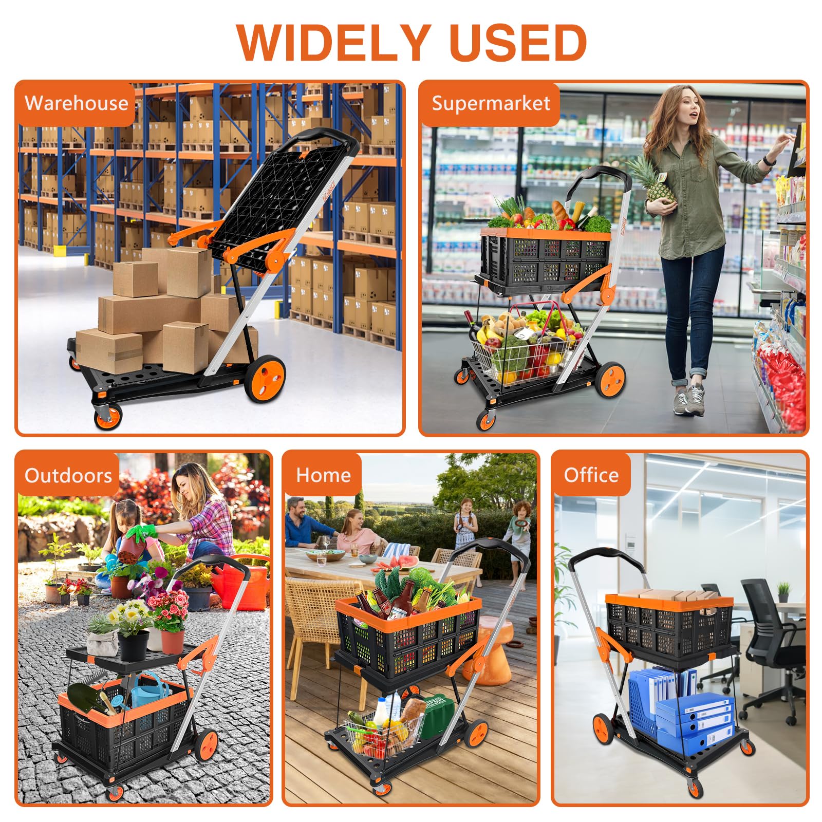 TORRYZA Foldable Shopping Cart with Wheels,Mobile Folding Trolley, Multi use Functional Collapsible Carts,360°Swivel Wheels,Utility Cart with Storage Crate,Shopping Cart, Red