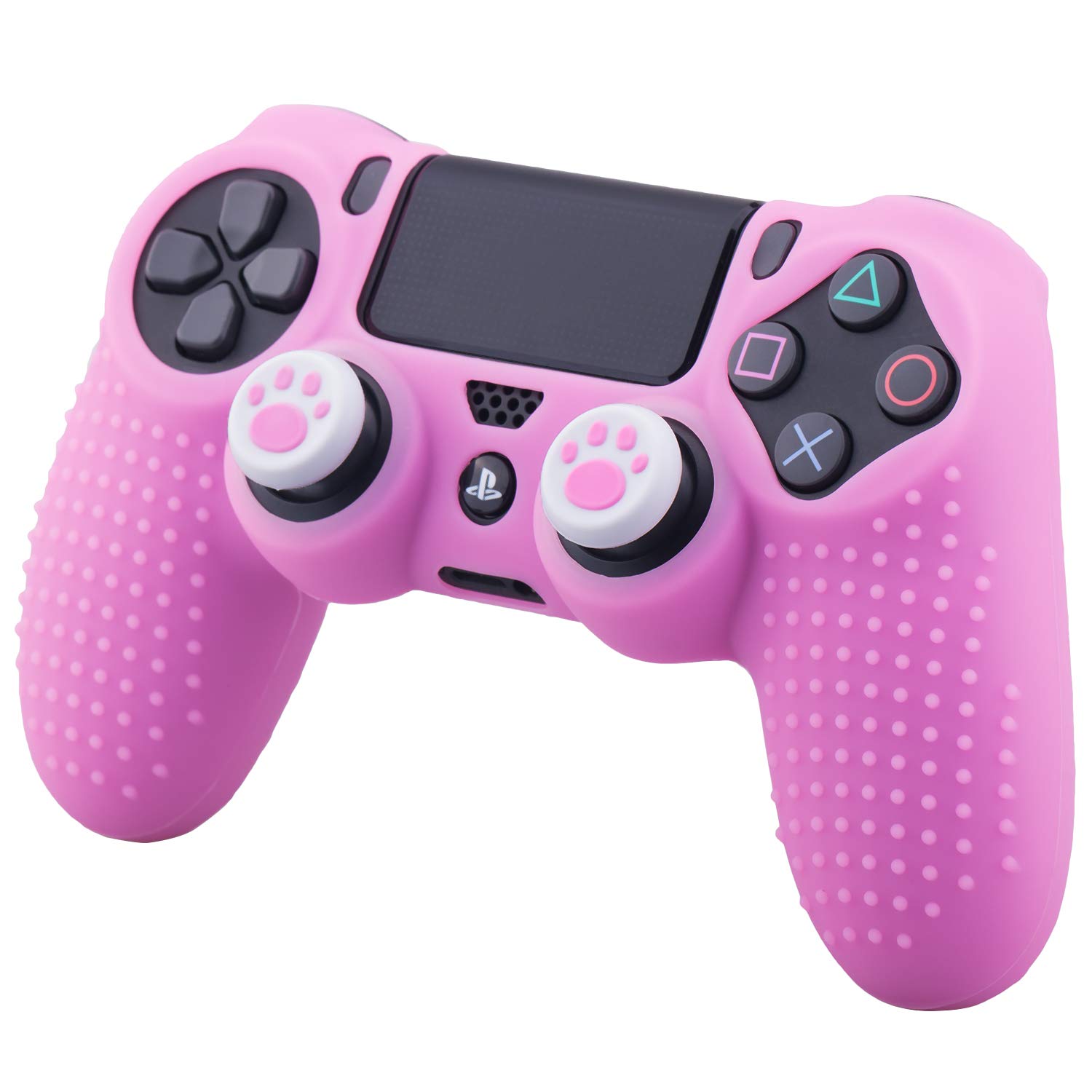 MXRC Silicone Rubber Cover Skin Case x 1 Anti-Slip Studded Dots Customize for PS4/SLIM/PRO Controller x 1(Pink) + Cat Paw Thumb Grips x 2