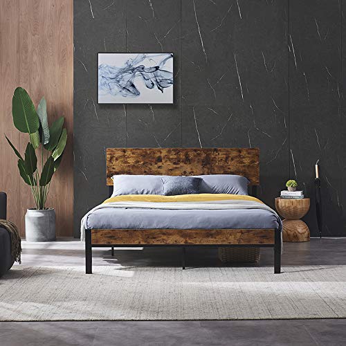 MegaChunk Queen Size Metal Platform Bed Frame with Wooden Headboard and Footboard, Easy Assembly, No Box Spring Needed, Large Under Bed Storage, Black