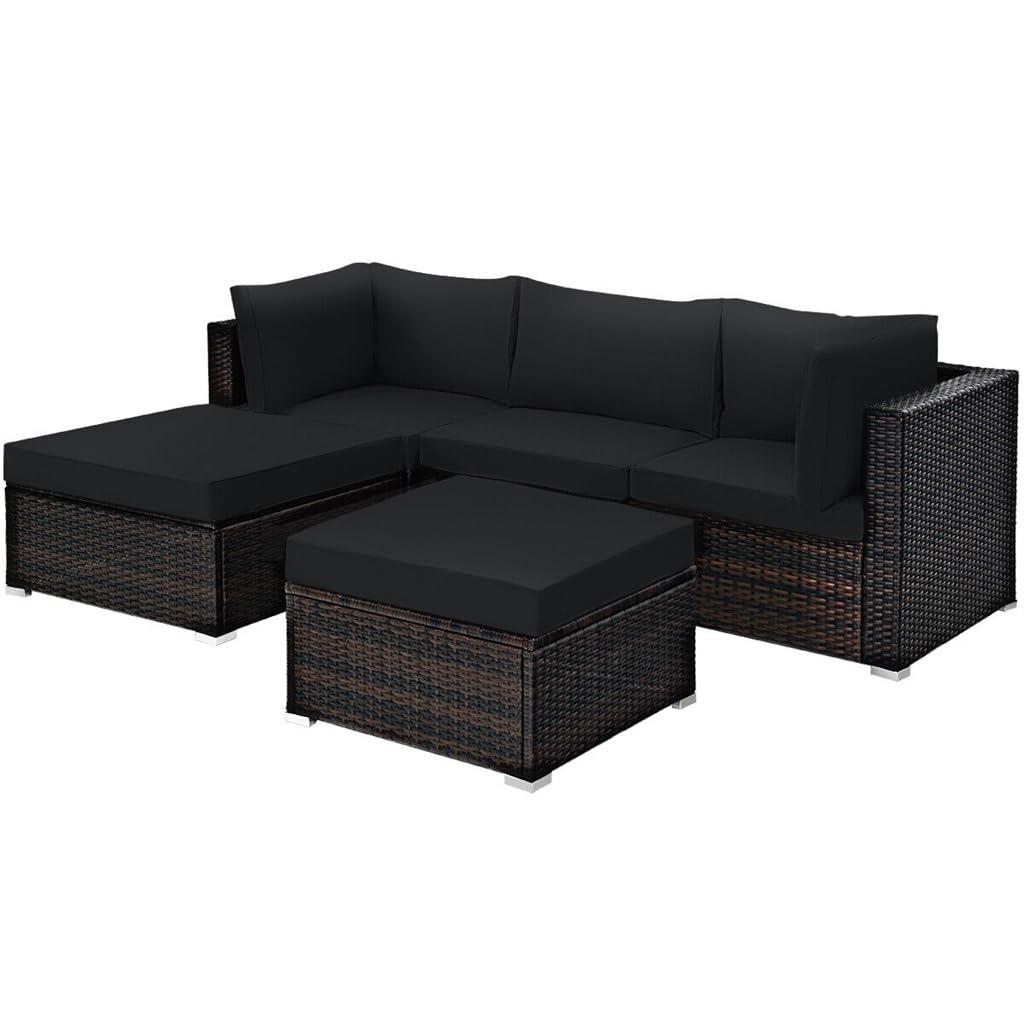 LIUZH 5PCS Patio Rattan Furniture Set Sectional Conversation Set Ottoman Table Black