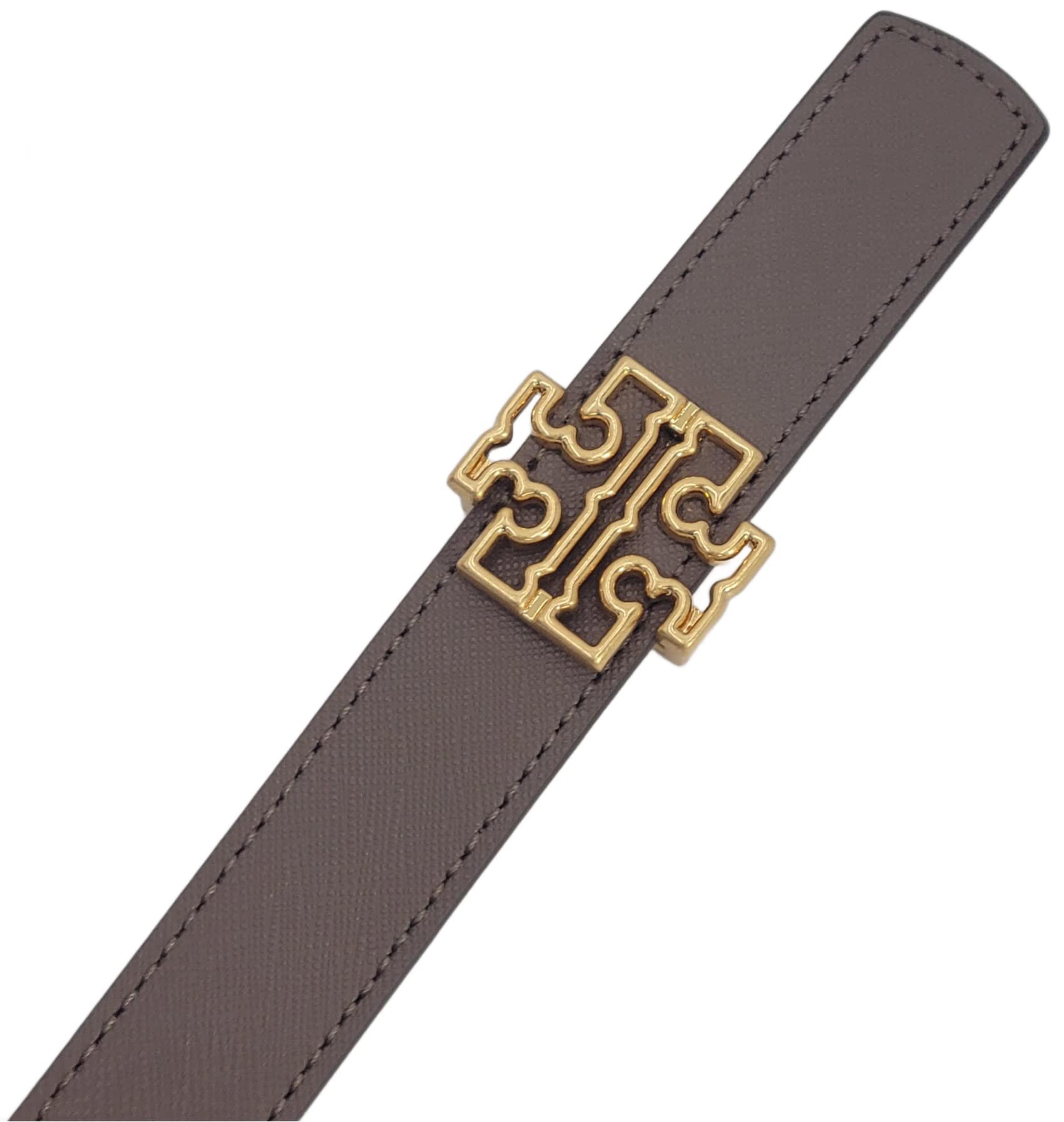 Tory Burch 141739 Britten Logo Clam Shell Grey/Tiramisu Light Brown With Gold Hardware Reversible 1 Inch Women's Belt (Medium)