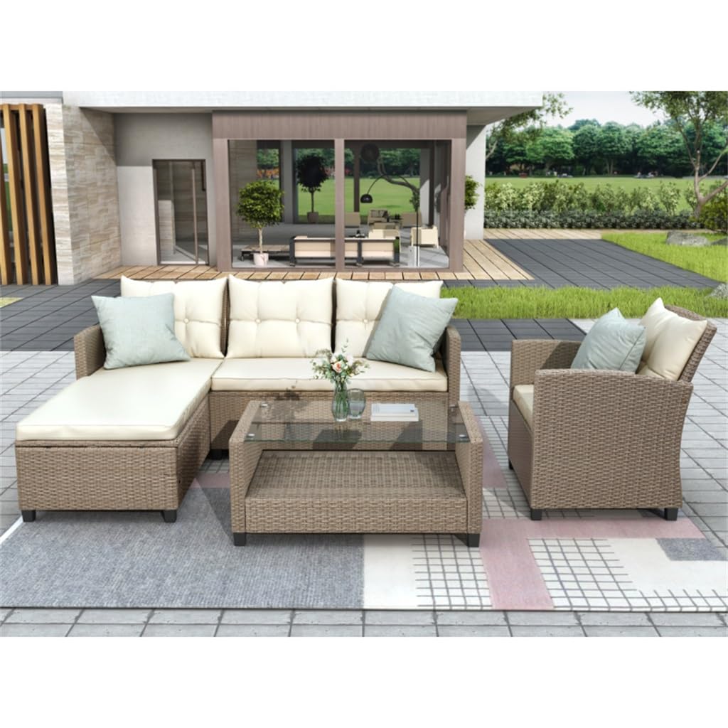 LIUZH Beige Brown Outdoor, Patio Furniture Sets, 4 Piece Conversation Set Wicker Ratten Sectional Sofa