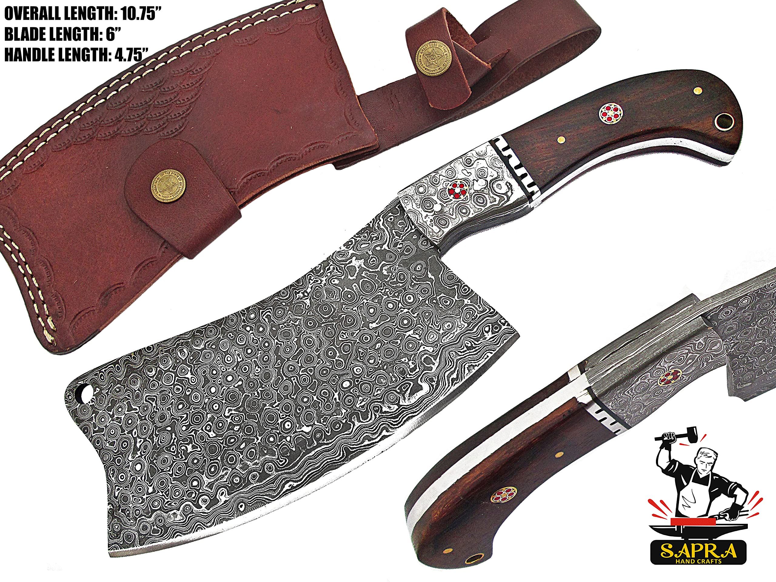 Sapra Damascus steel 10.75β Inches Meat Cleaver Chef Butcher Vegetable frozen Boning Cleaver Knife Heavy Duty Sharp Edge Full Tang Meat Cleaver Bone Copper with Genuine Leather Sheath