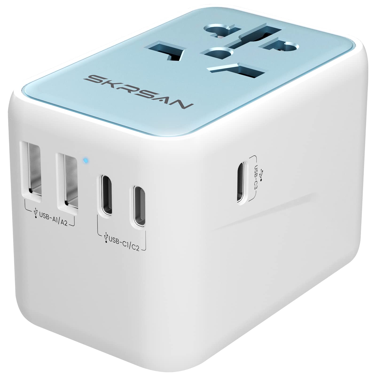 Universal Travel Adapter 65W GaN, SKRSAN 2USB-A and 3USB-C International Plug Adapter for UK/EU/AU/US Worldwide, Plug Wall Charger Compatible with Laptops, iPad, iPhone and More