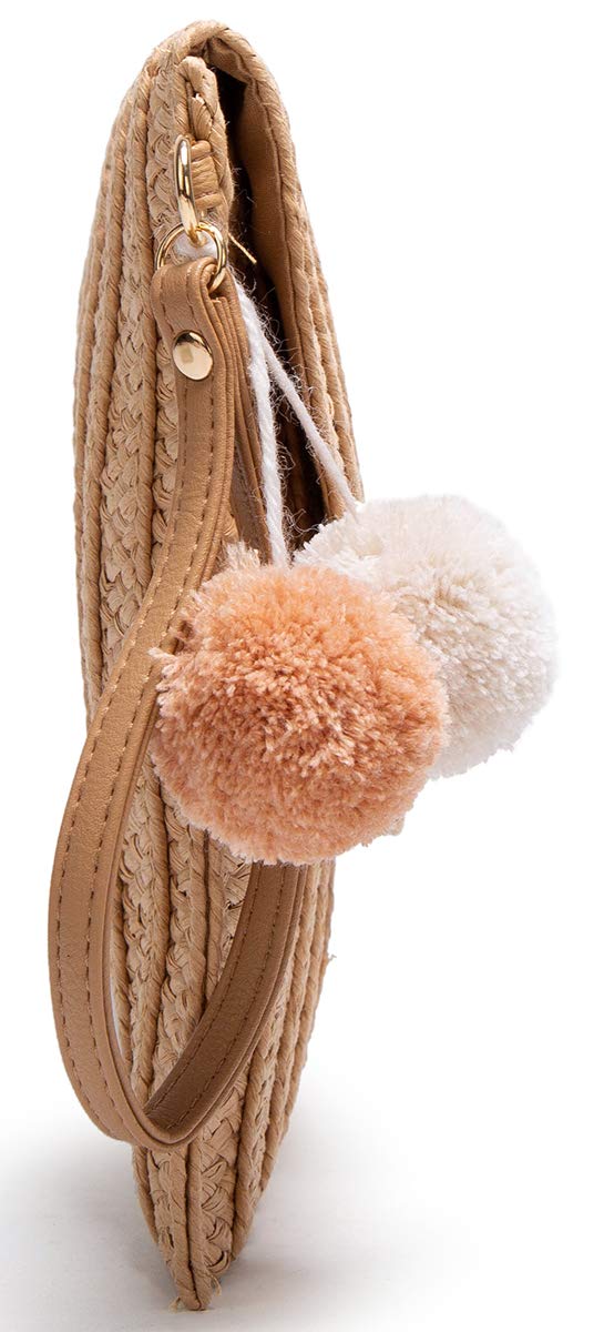 Straw Shoulder Bag Straw Clutch Women Hand-woven PomPom Straw Crossbody Bag Summer Beach Envelope Purse Wallet (E-Khaki)