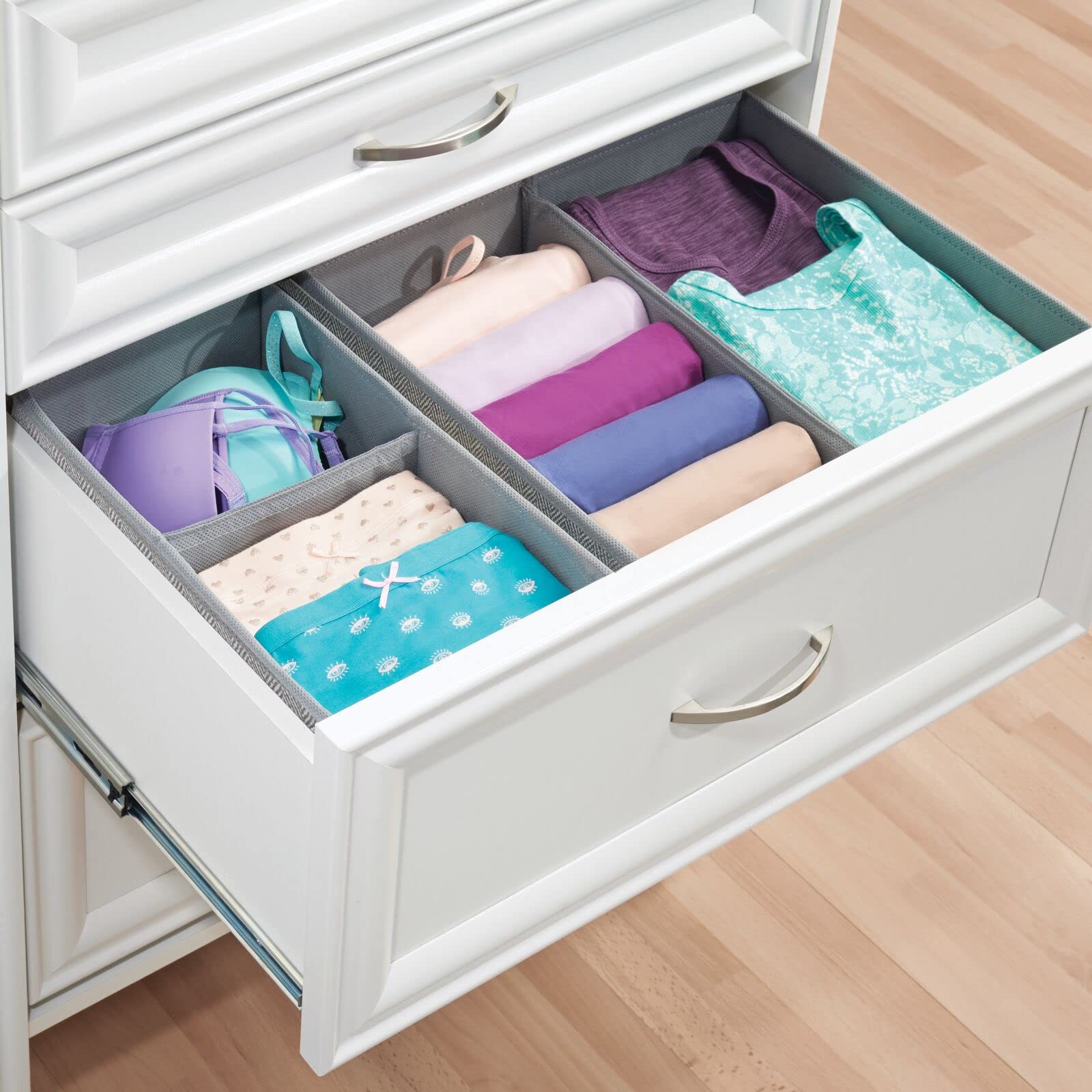 mDesign Soft Fabric Dresser Drawer and Closet Storage Organizer Bin for Bedroom - Holds Lingerie, Bras, Socks, Leggings, Clothes, Purses, Scarves - 4 Pack - Gray Herringbone