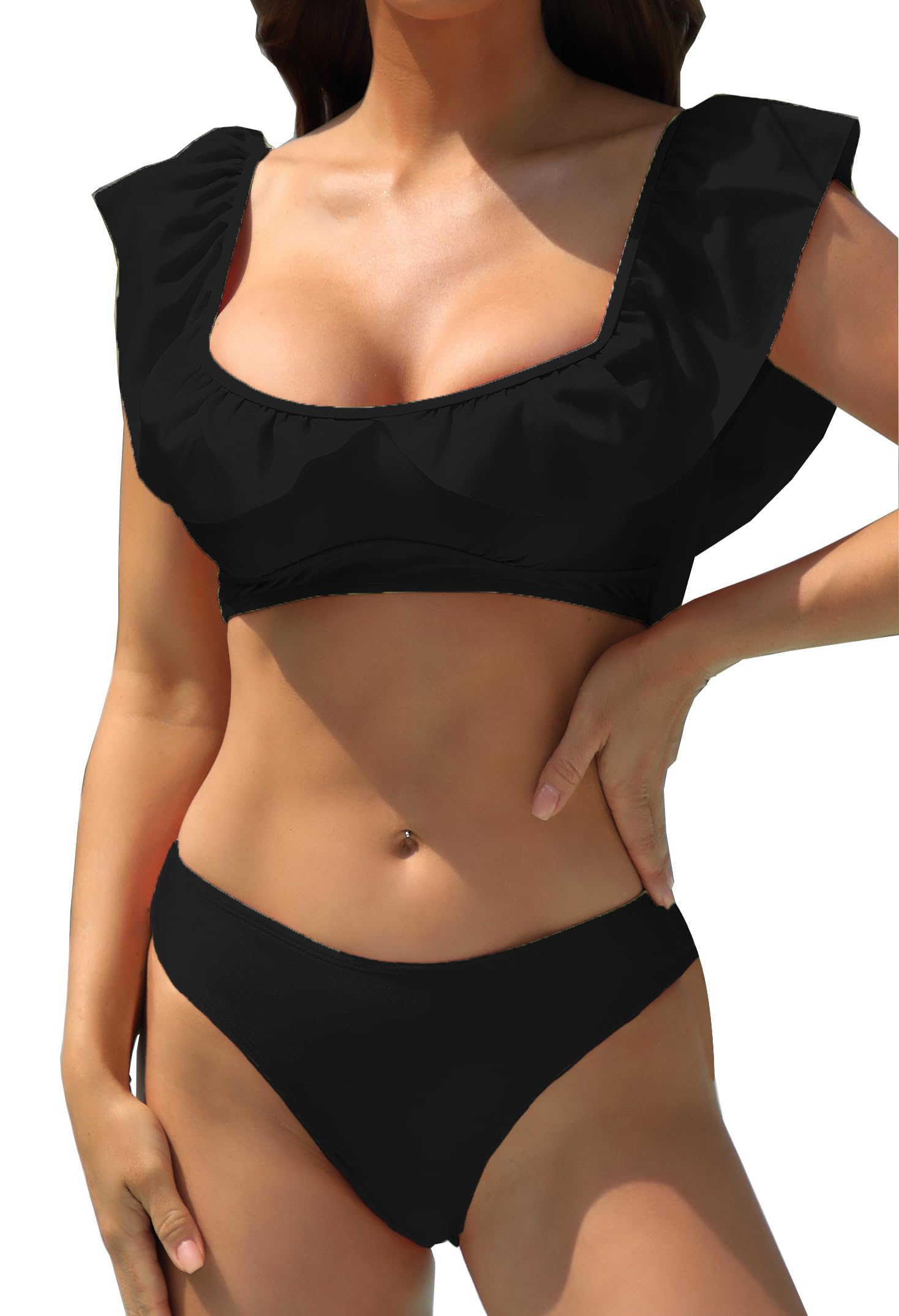 Luna Wave Women's Two Pieces Swimsuit Ruffle Trim Square Neck Tops Bikini Buttom Set Swimwear Tankini Beach Vacation Holiday Outfit Solid Black XL