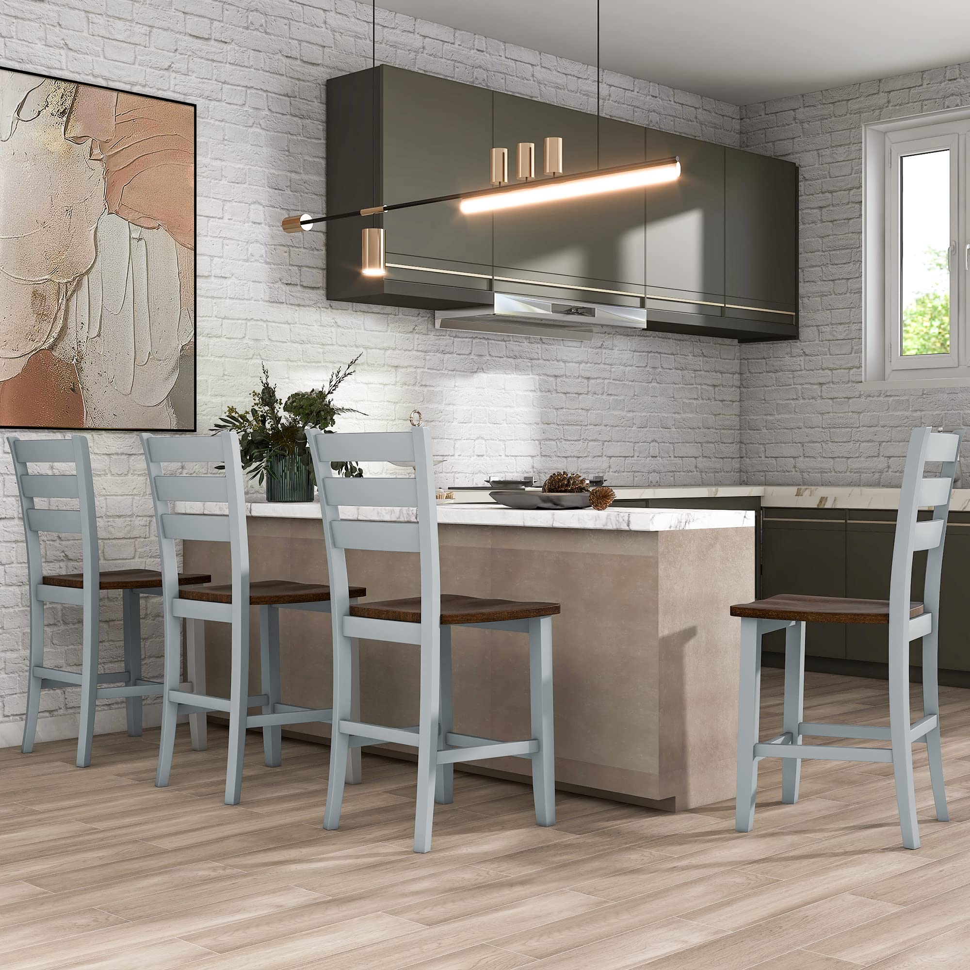 LIADTOP Set 5-Piece Farmhouse Drop Leaf 4 Counter Height Dining Chairs, Bar Table with Storage Shelf and Drawers for Kitchen, Breakfast Nook,Cherry+Gray
