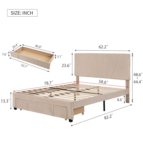Livavege Queen Bed Frame with Wingback Headboard and Storage Drawers, Velvet Upholstered Platform w/Wooden Slats Support, Queen Size Bedframe No Box Spring Needed, Easy Assembly/Mattress Foundation