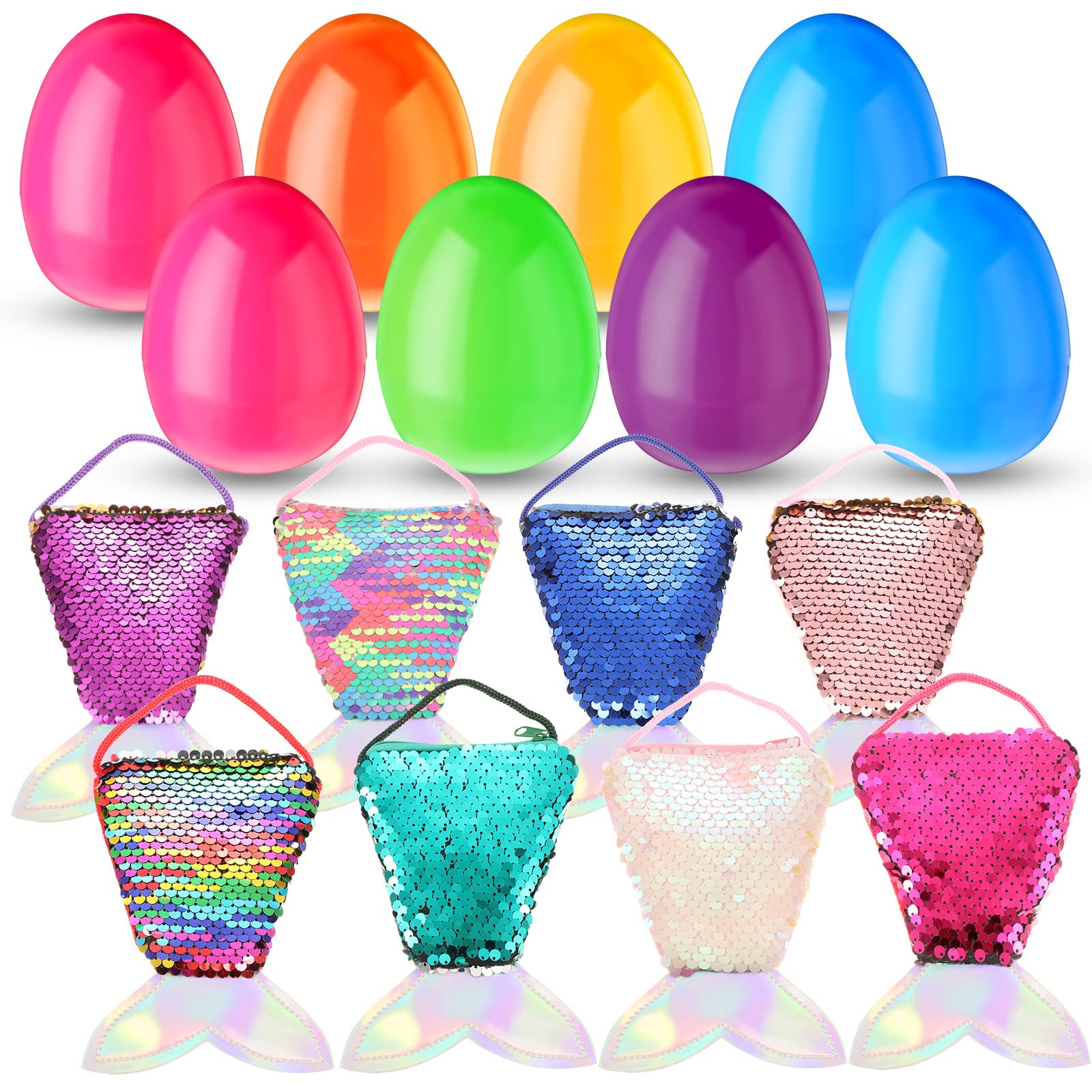 Tarpop 8 PCS Colorful Easter Eggs Prefilled with Mermaid Sequin Purse Easter Basket Stuffers Easter Eggs Fillers Filled Large Plastic Eggs with Cute Purse Easter Party Favors Gifts for Girls