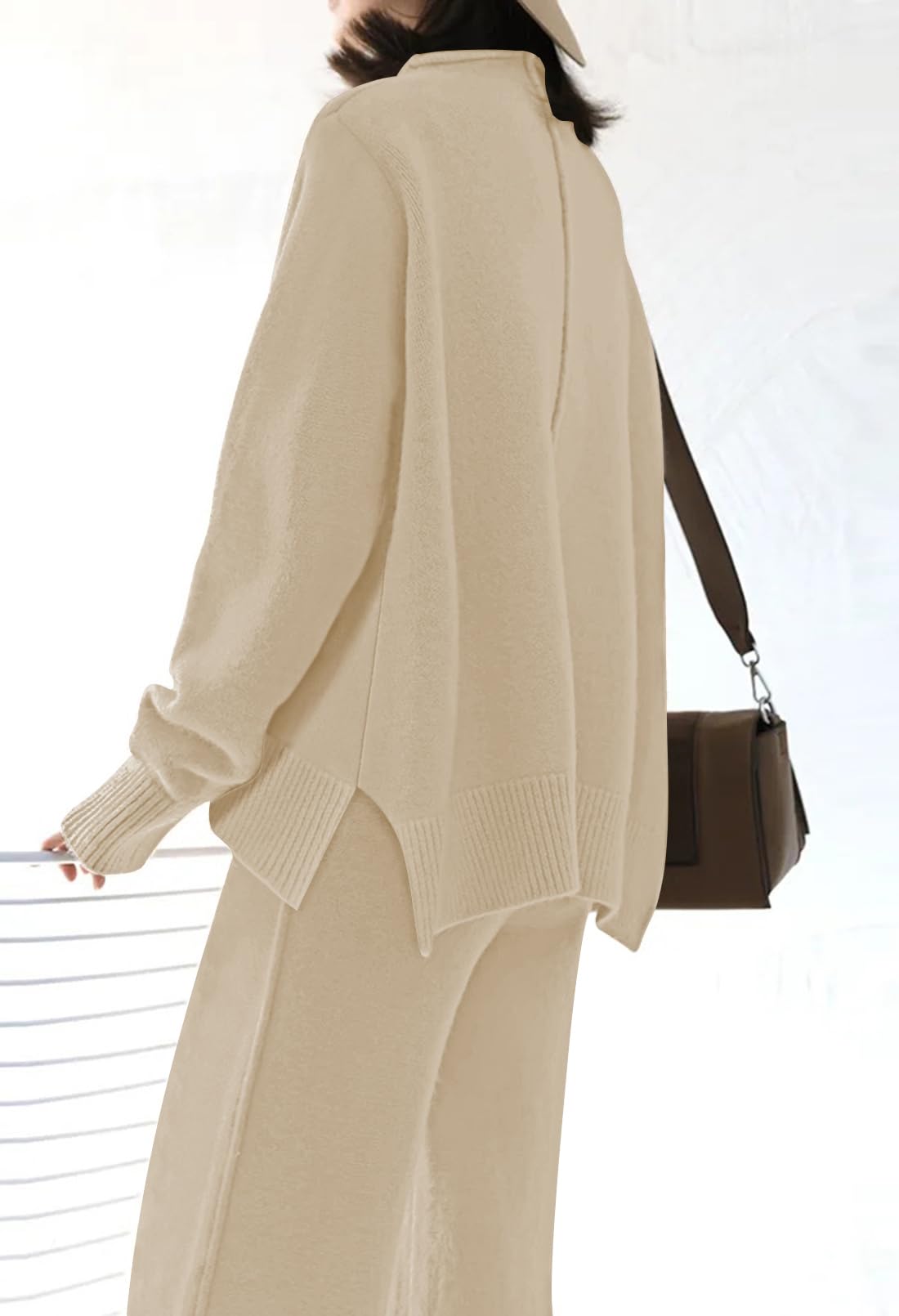 Linsery Womens Tracksuits Winter Casual Two Piece Set Women Knitted Loose Sweater Pullover Top Wide Leg Pants Suit Outfit Apricot Medium