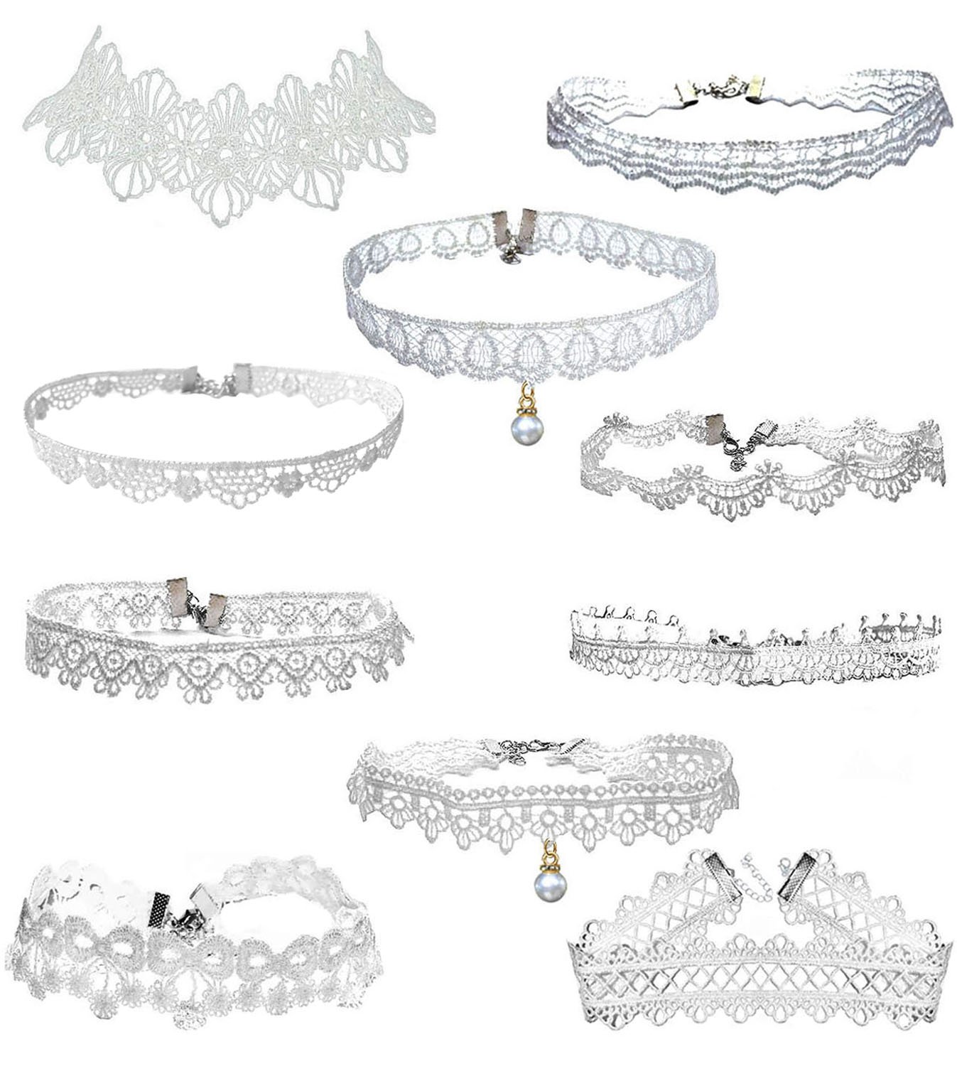 LINKY 10pcs White Lace Choker Necklace Women Jewelry Set (White)