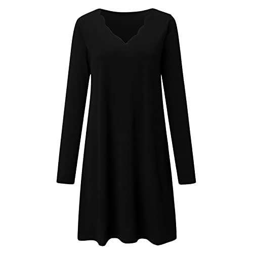 Pinkpaopao Elegant V Neck Black Dress for Women Long Sleeve Solid Color Loose Shift Dress Plain Flowy Short Dress