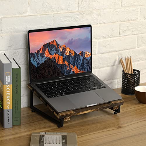 MyGift Rustic Burnt Solid Wood Portable Laptop Stand with Matte Black Metal Angled Frame Legs, Desk Cooling Stand Laptop Riser
