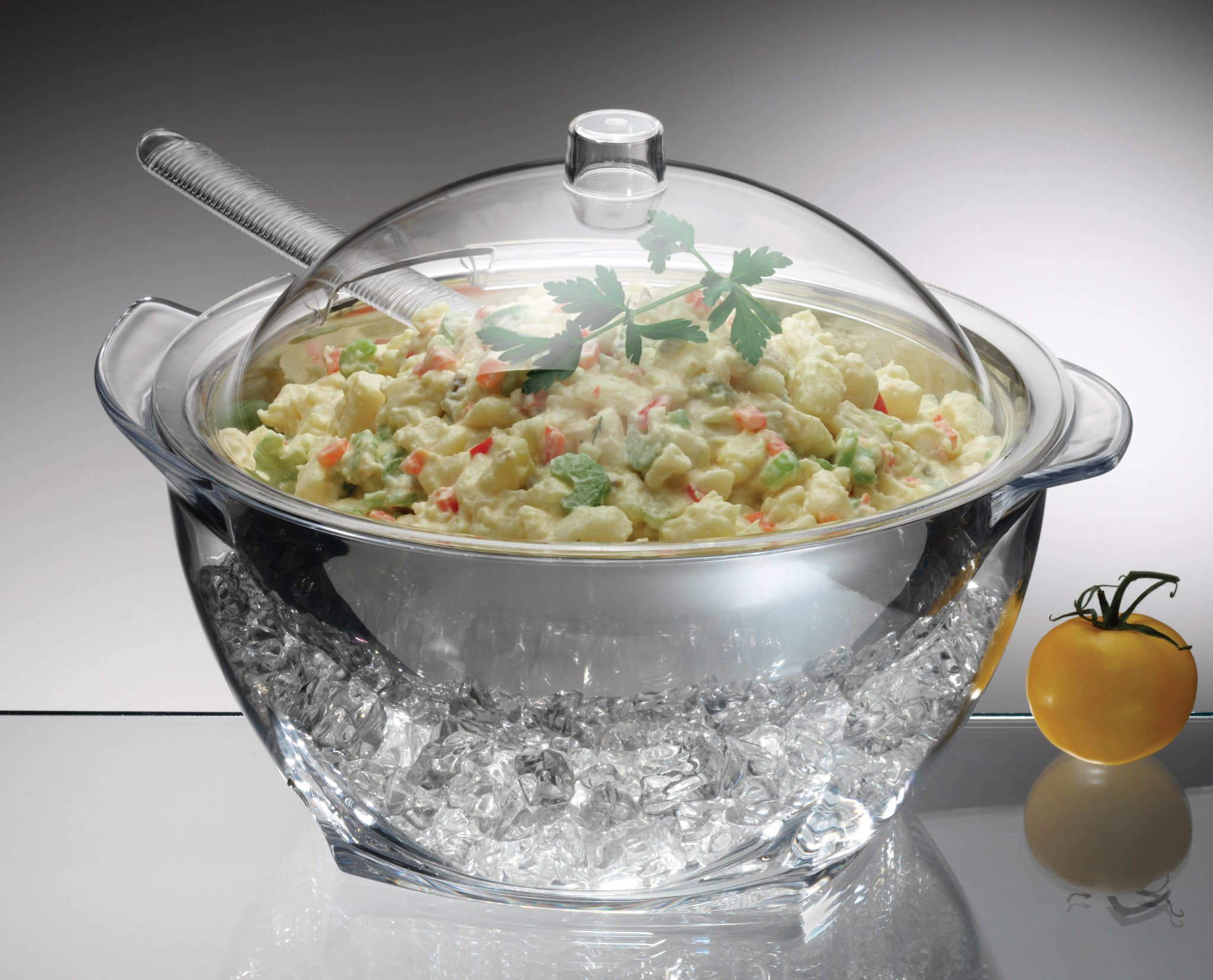 Prodyne Appetizers on Ice with Lids, 16", Clear and Prodyne Bowl, ICED Salad-4 Qt, Off-White