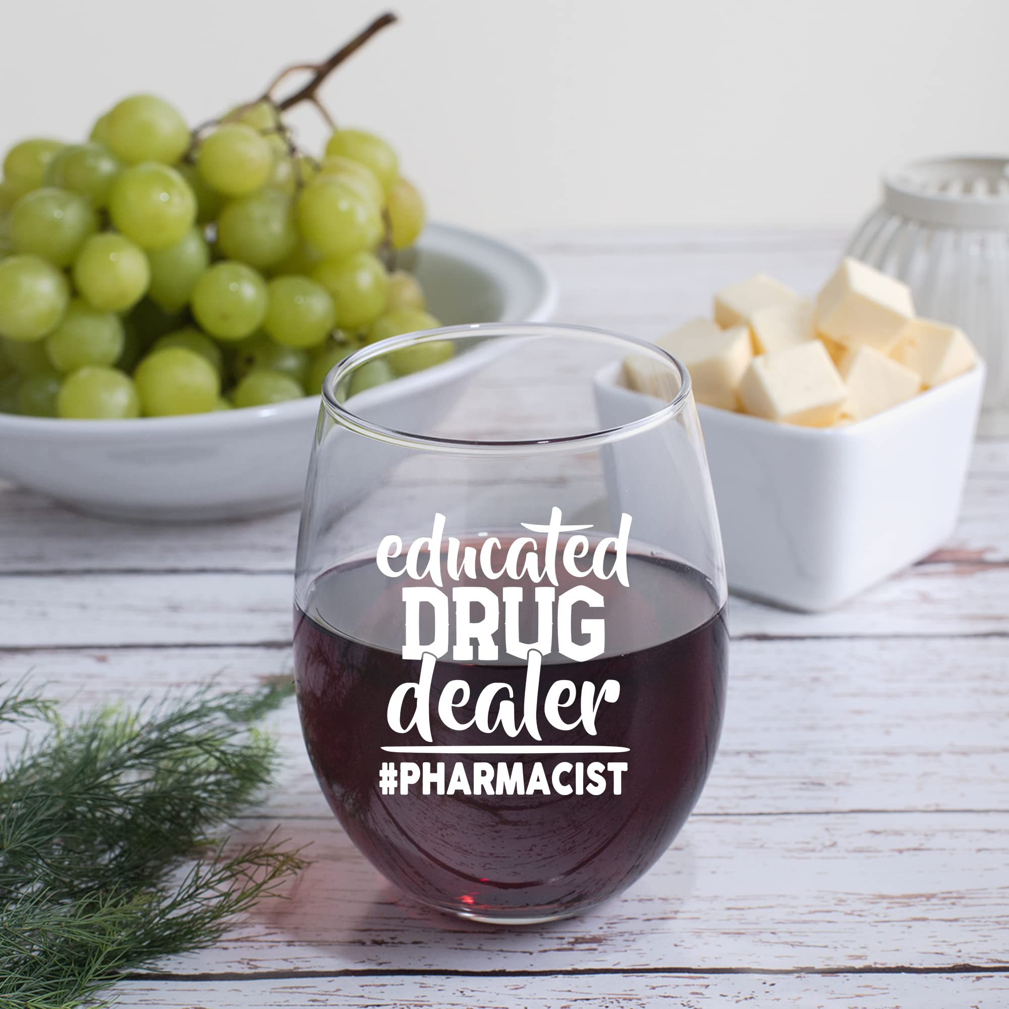 Panvola Educated Drug Dealer Pharmacist Stemless Wine Glass 15oz For Pharmacist Pharmacy Tech Nursing Student Graduate Nurse Doctor Dr Drinkware