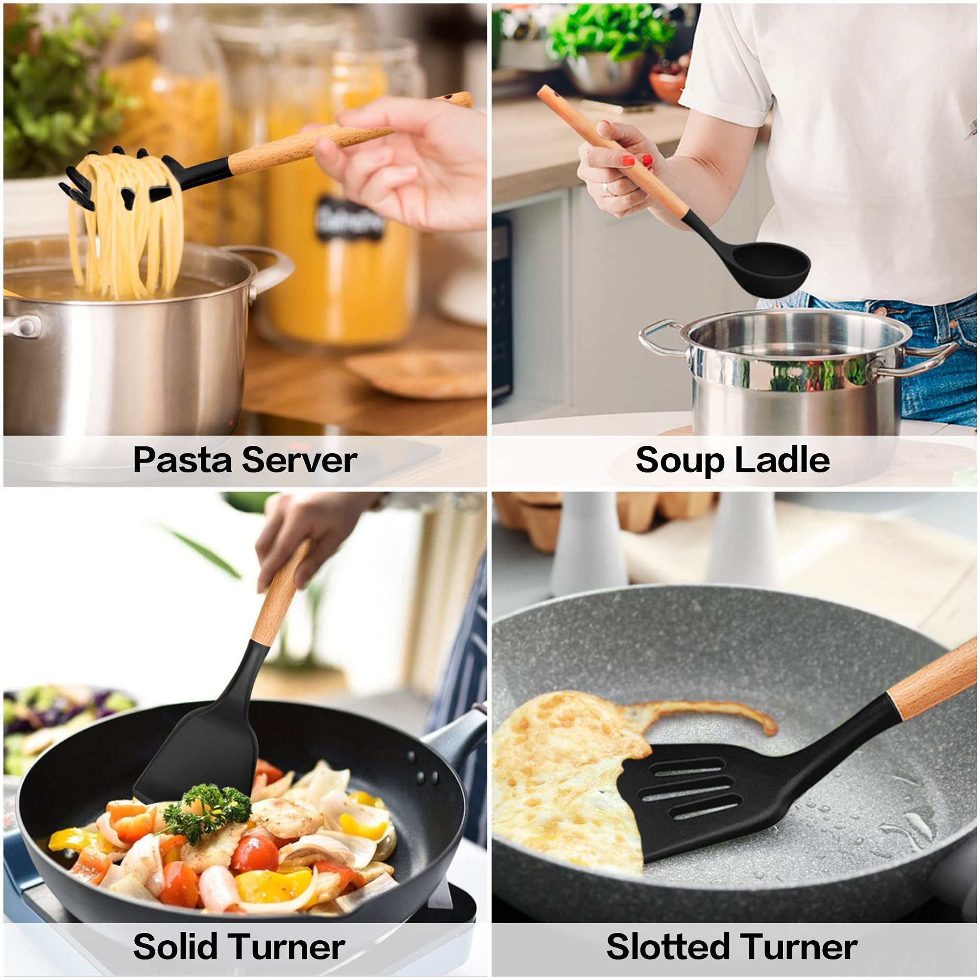 LIANYU 30 PCS Silicone kitchen Cooking Utensils Set with Holder, Heat Resistant Kitchen Essentials Utensils Set Wooden Handle, Cooking Tools Set Including Tuner, Spatula, Spoon, Ladle, Black