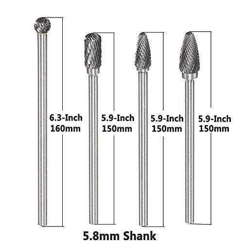 Yakamoz Set of 4Pcs 5.9-Inch Long Tungsten Steel Solid Carbide Rotary Burrs Set with 6mm Shank Fits Rotary Tool for Woodworking Drilling Carving Engraving