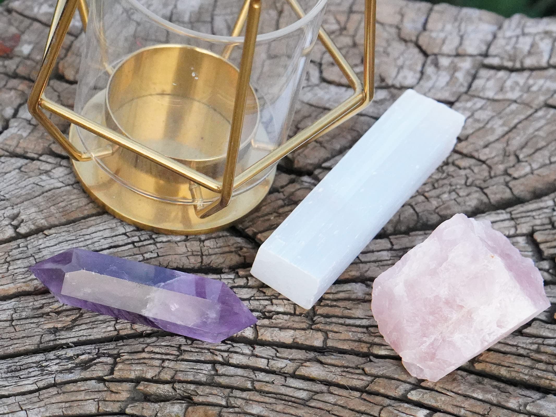 MIMOSA Healing Crystal Point Double Terminated Amethyst, Raw Rose Quartz &Selenite (Small)