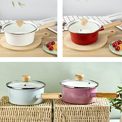 Saucepan, Enamel Sauce Pan Small Pot with Lid, Wooden Handle, 1.8 Quart (Blue)