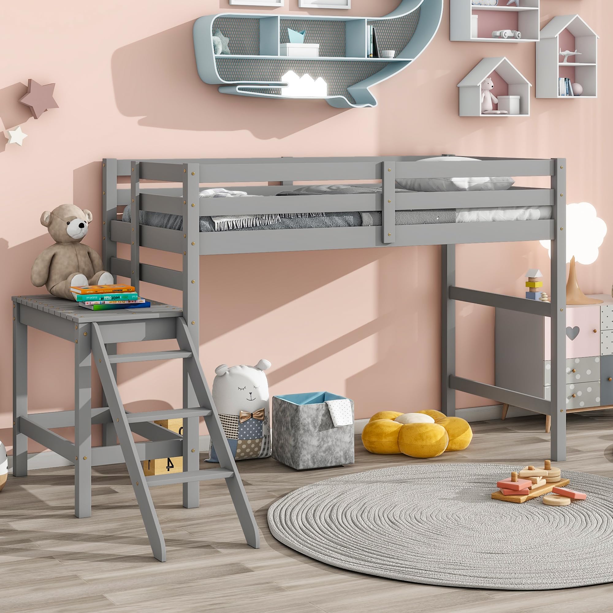 Lifeand Twin Loft Wooden Bed with Platform,Ladder,Grey
