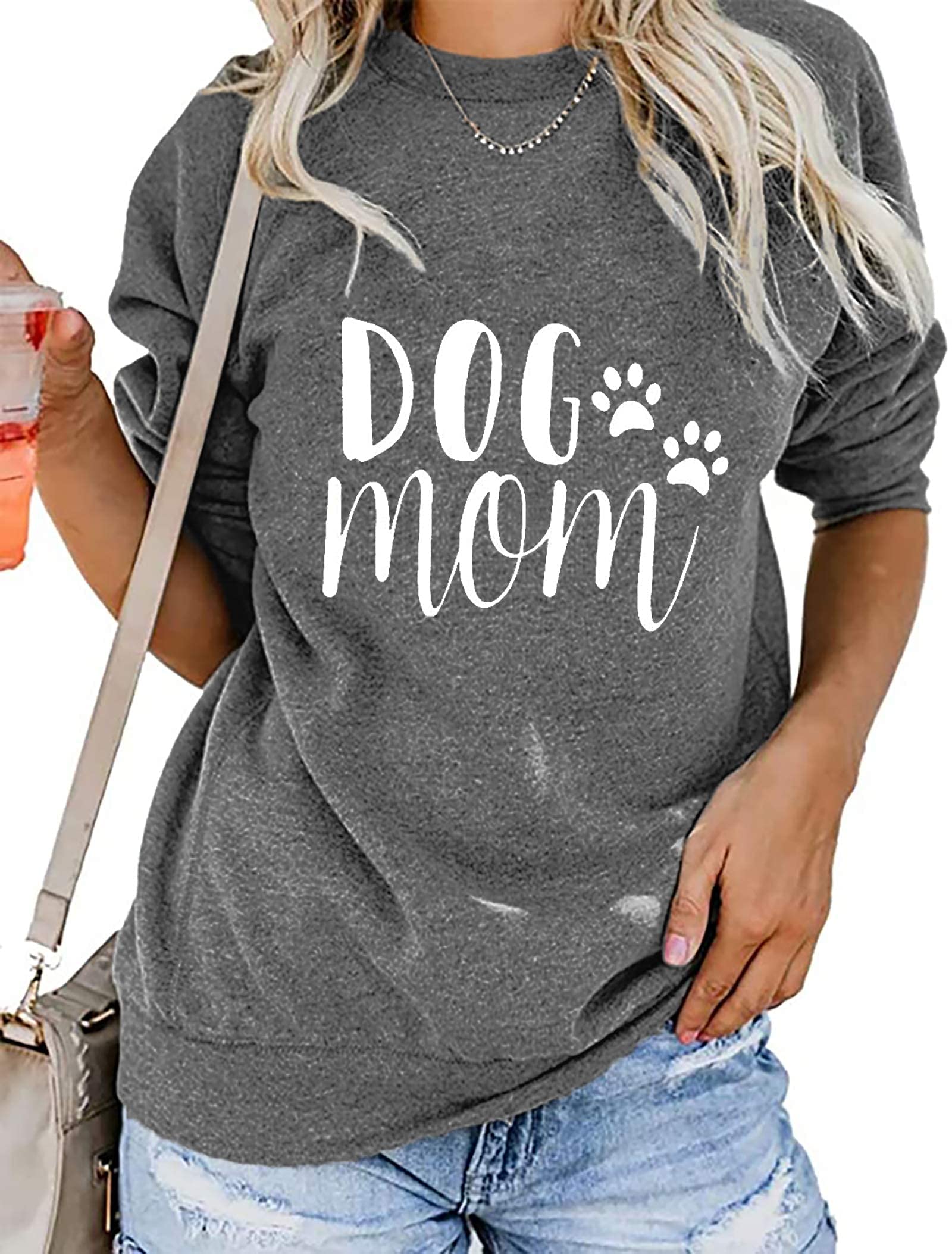 MOUSYA Women Dog Mom Sweatshirt Dog Mama Pullover Cute Dog Paw Graphic Tee Funny Letter Print Long Sleeve Shirt (Small, C_dark Grey)