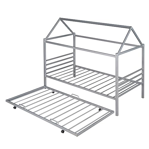Lifeand Twin Size Metal House Shape Platform Bed with Trundle,Silver