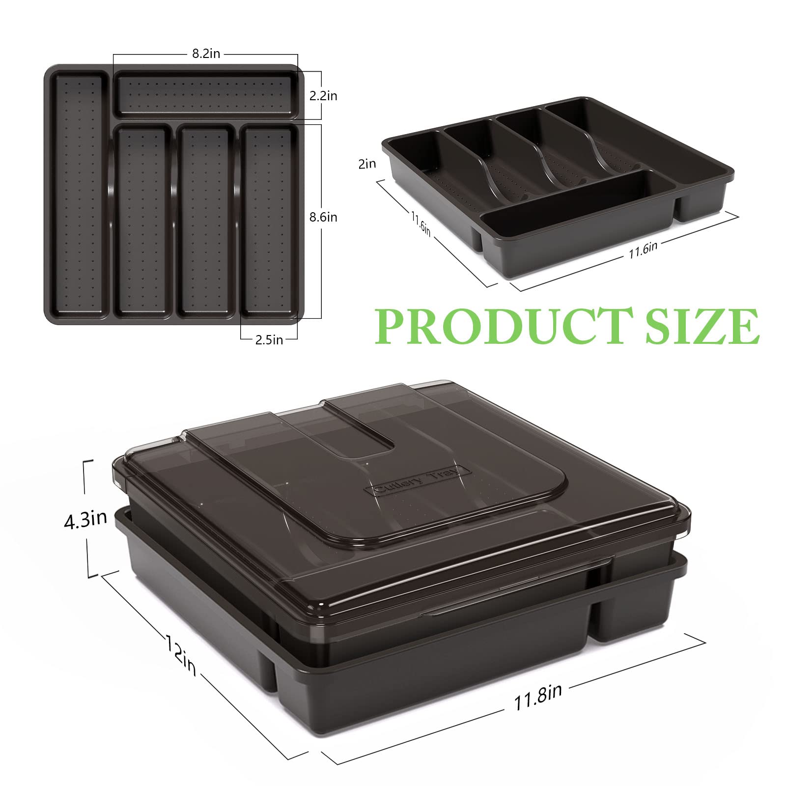 SUICGYU Silverware Organizer with Lid for Drawer, Plastic Utensil Holder for Countertop, Flatware Organizer Cutlery Tray with Cover 5 Compartments (2 Layer-Black)