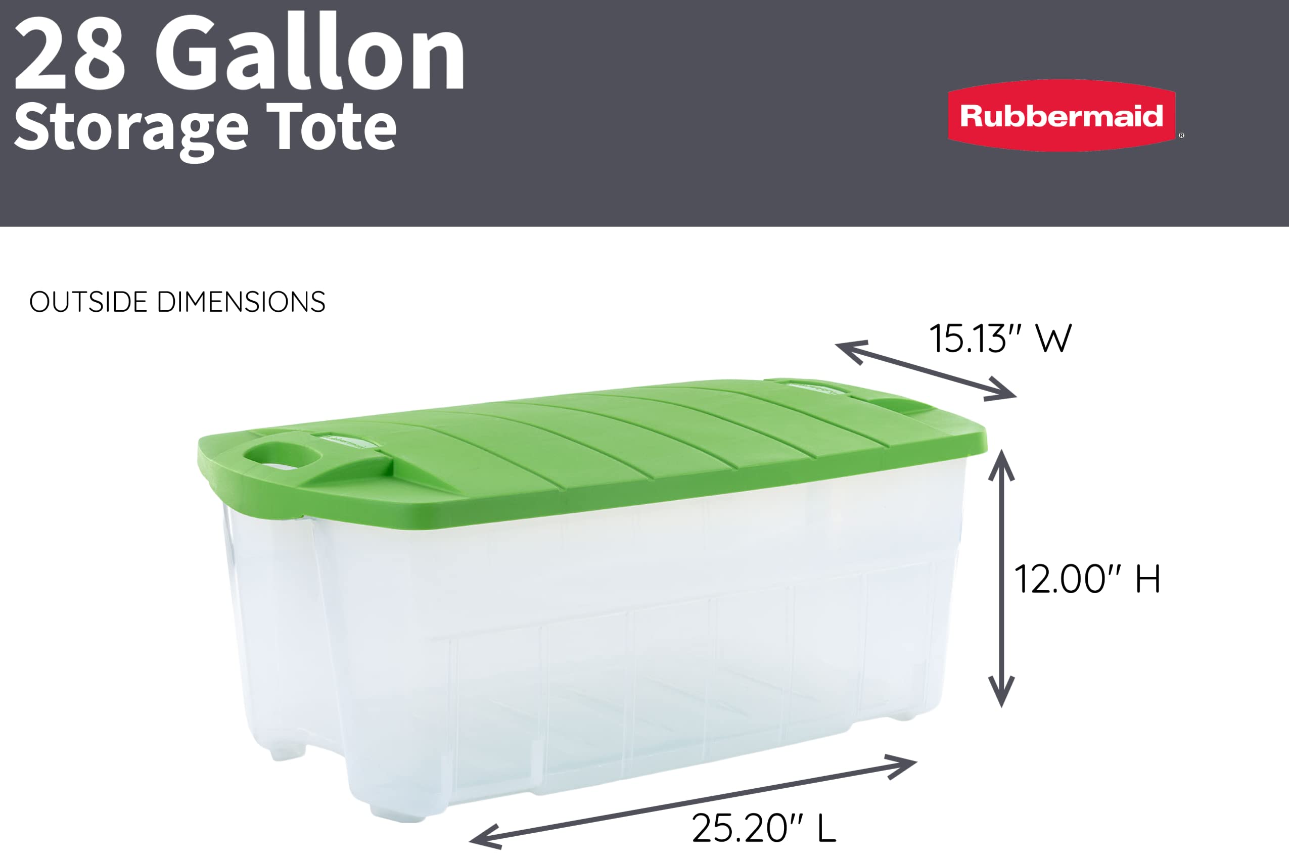 Rubbermaid 28 Gallon/112 Quart Jumbo Clear Tote, Pack of 2, Stackable, Large Capacity, Clear Bins/Bright Green Lids, Home, Garage, and Office Storage Organizer, Durable Snap-Tight Lids