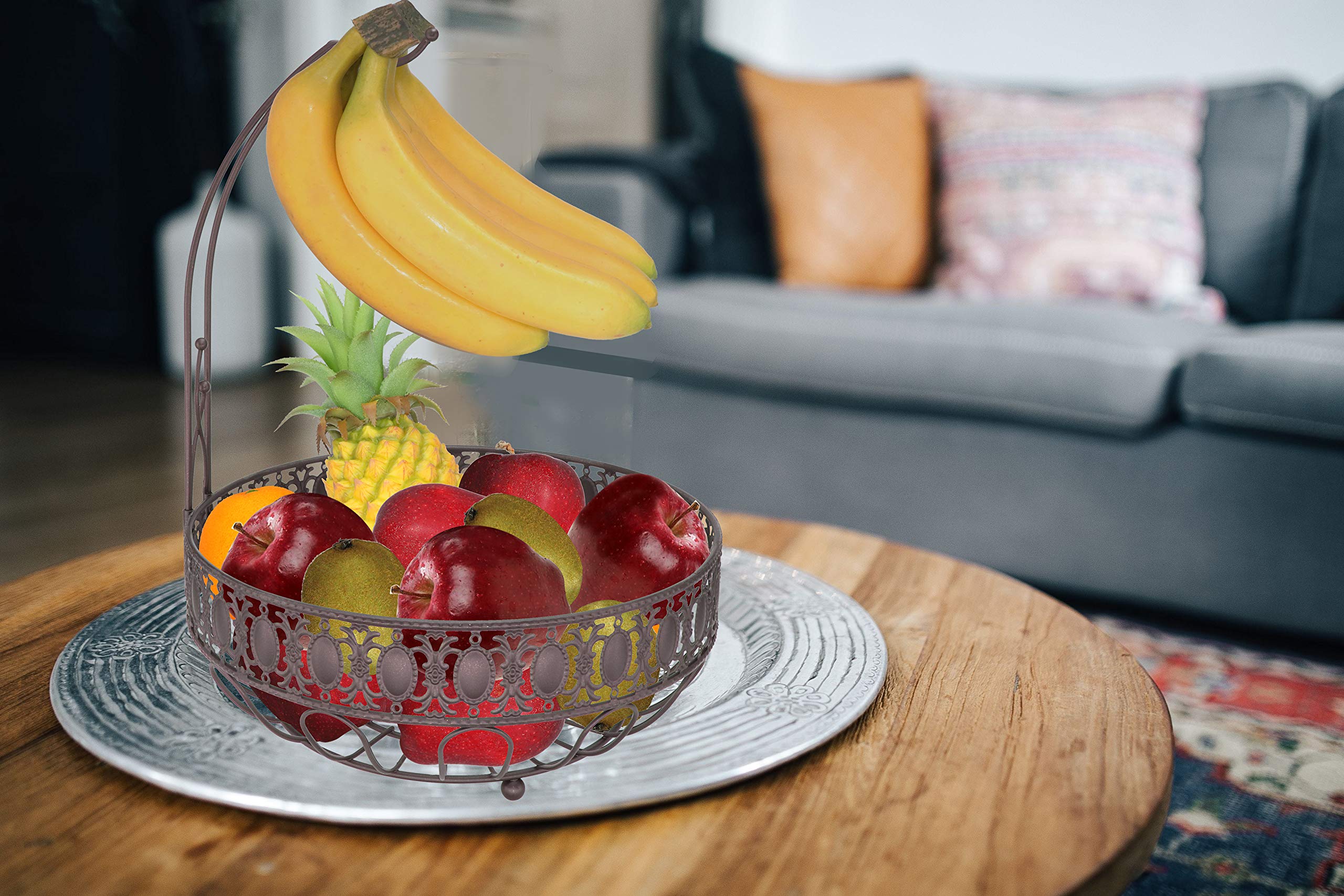 ROSYLINE Fruit basket Bowl, with Banana Hanger Suitable for kitchen, dining table decoration and storage (brown)