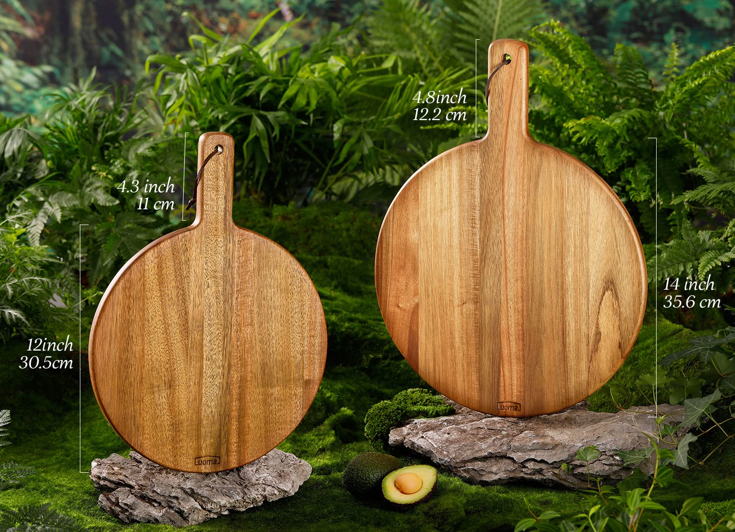 Luomal Round Wood Cutting Board with Handle, 12" Acacia Wooden Serving Board for Kitchen, Cheese Charcuterie Board for Meat, Bread, Pizza, Vegetables & Fruits (Gift Box Included)