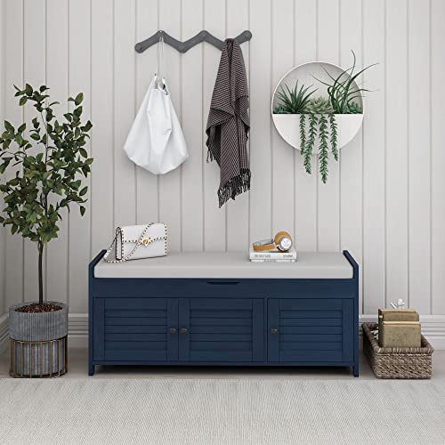 Lifeand, Shoe Removable Cushion and Hidden Space Storage Bench with 3 Shutter-Shaped Doors, 1, Antique Navy