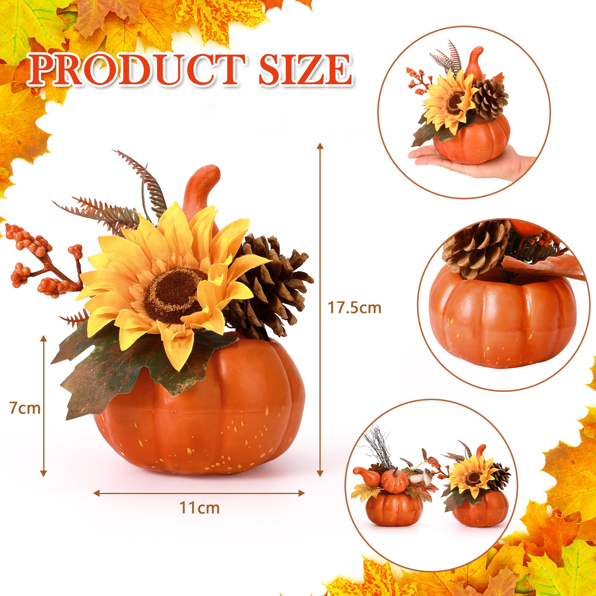 Omldggr Artificial Autumn Pumpkin Decoration for Home, Fake Fall Potted Plants with Sunflowers Maple Leaves Berry Pine Cone for Harvest Thanksgiving Kitchen Home Fall Decor Table Centerpieces(2PCS)
