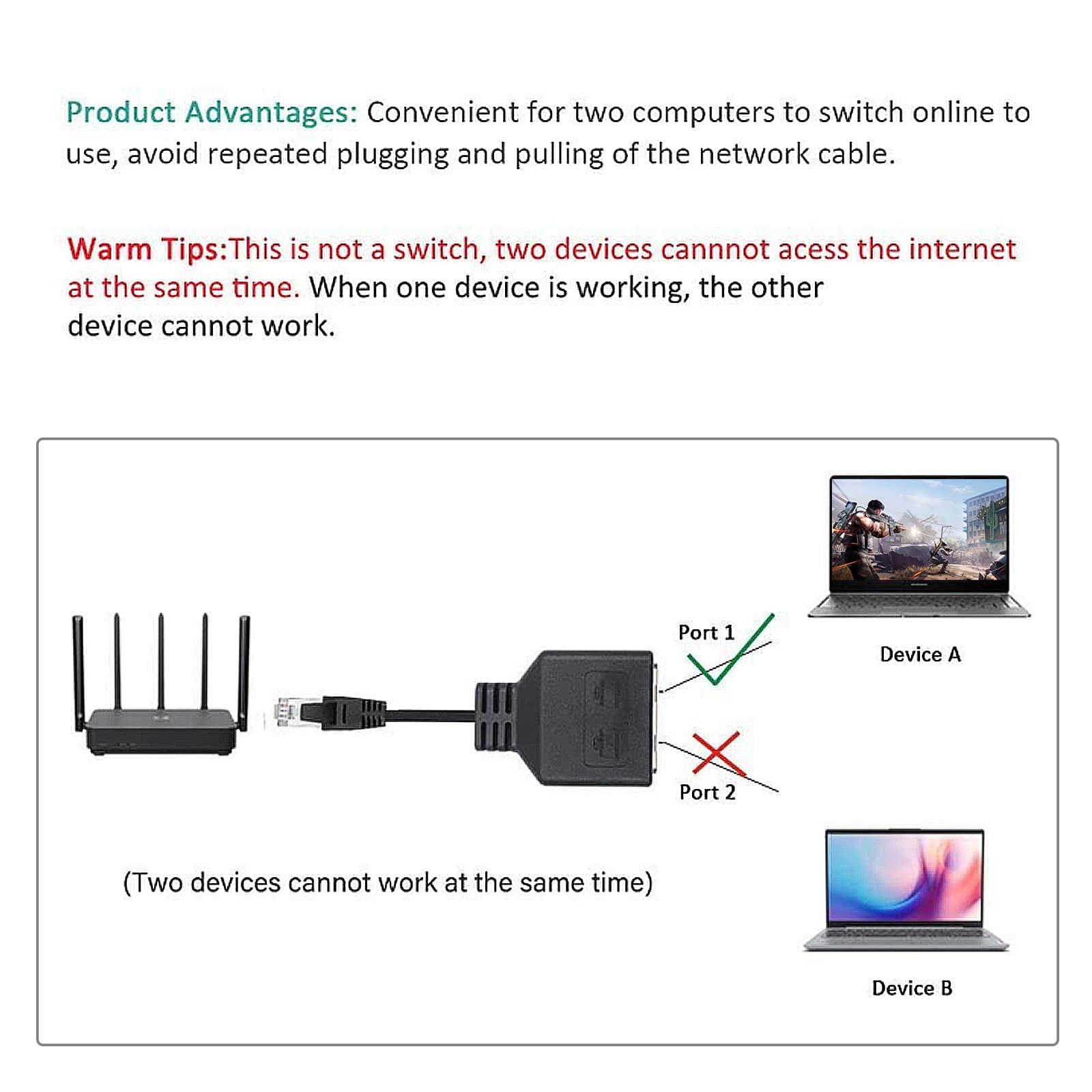 Tuliyet Ethernet Splitter, 1 Male to 2 Female Network Adapter RJ45 LAN Ethernet Socket Connector Adapter Suitable Super Cat5/Cat5e/Cat6 LAN Ethernet Cable Splitter