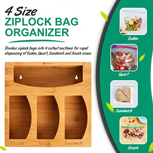 Ziplock Bag Storage Organizer - Plastic Food Storage Bag Dispenser for Kitchen Drawer or Wall Hanging - Fits VarietyBrand Gallon, Quart, Sandwich & Snack Bags - Bamboo Box Holder for Zip Lock Bags