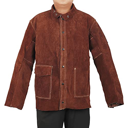 Welding Leather Jackets Flame-Resistant Heavy Duty Split Cowhide Leather Welder Jacket for Men & Women XX-Large, (Large, Brown)